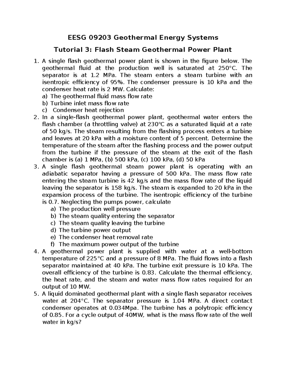 Tutorial 3 - flash geothermal plant - EESG 09203 Geothermal Energy ...