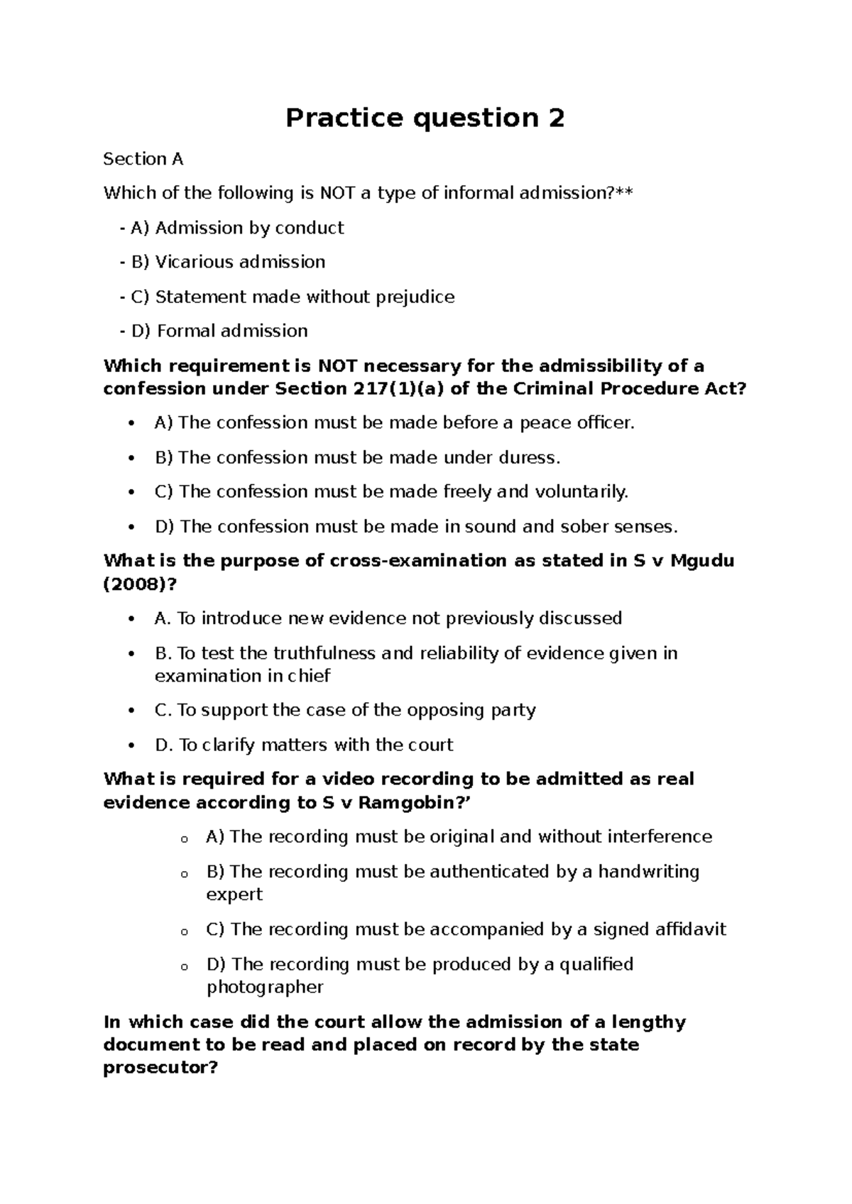 Self-practice questions 2 - Practice question 2 Section A Which of the ...