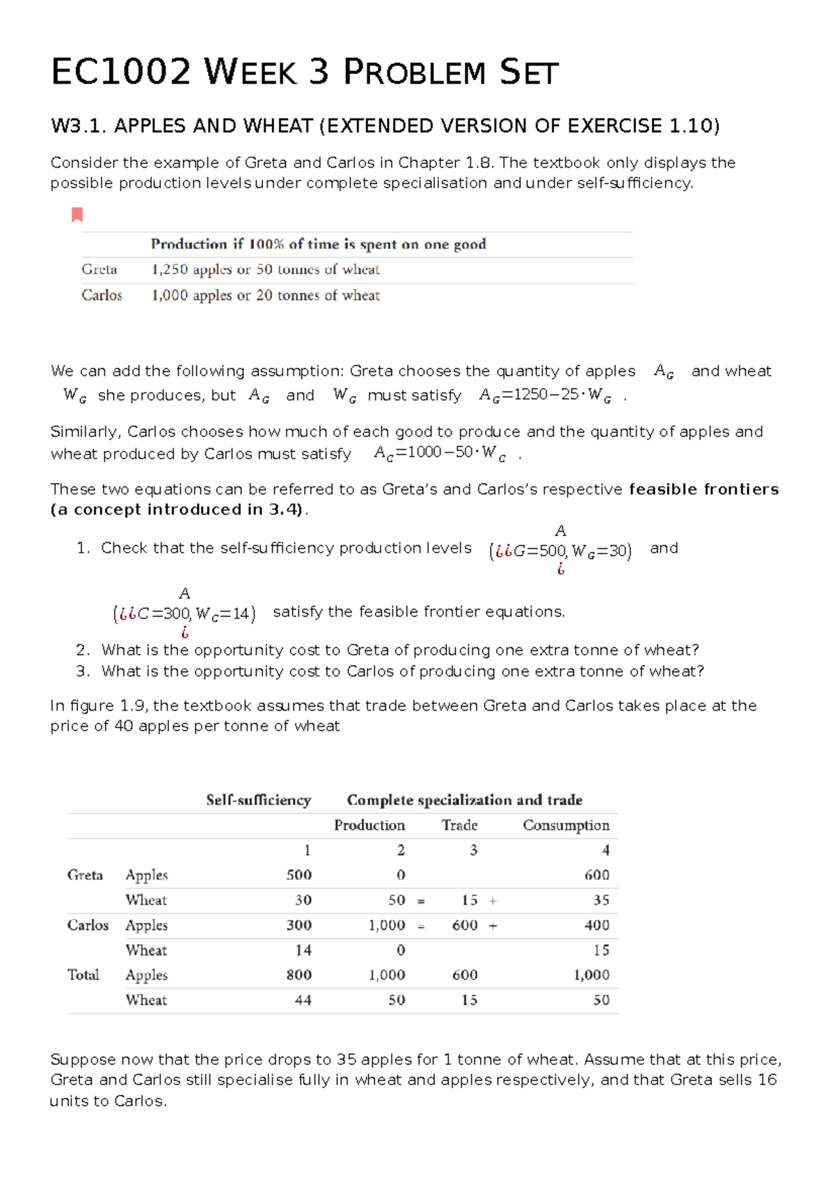 EC1002 Week 3 Tutorial Solutions - EC1002 WEEK 3 PROBLEM SET W3. APPLES ...