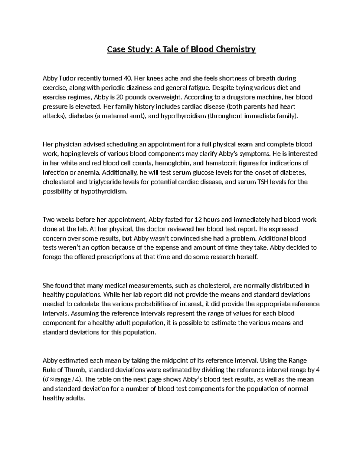 Case Study 5 A Tale of Blood Chemistry - Case Study: A Tale of Blood ...