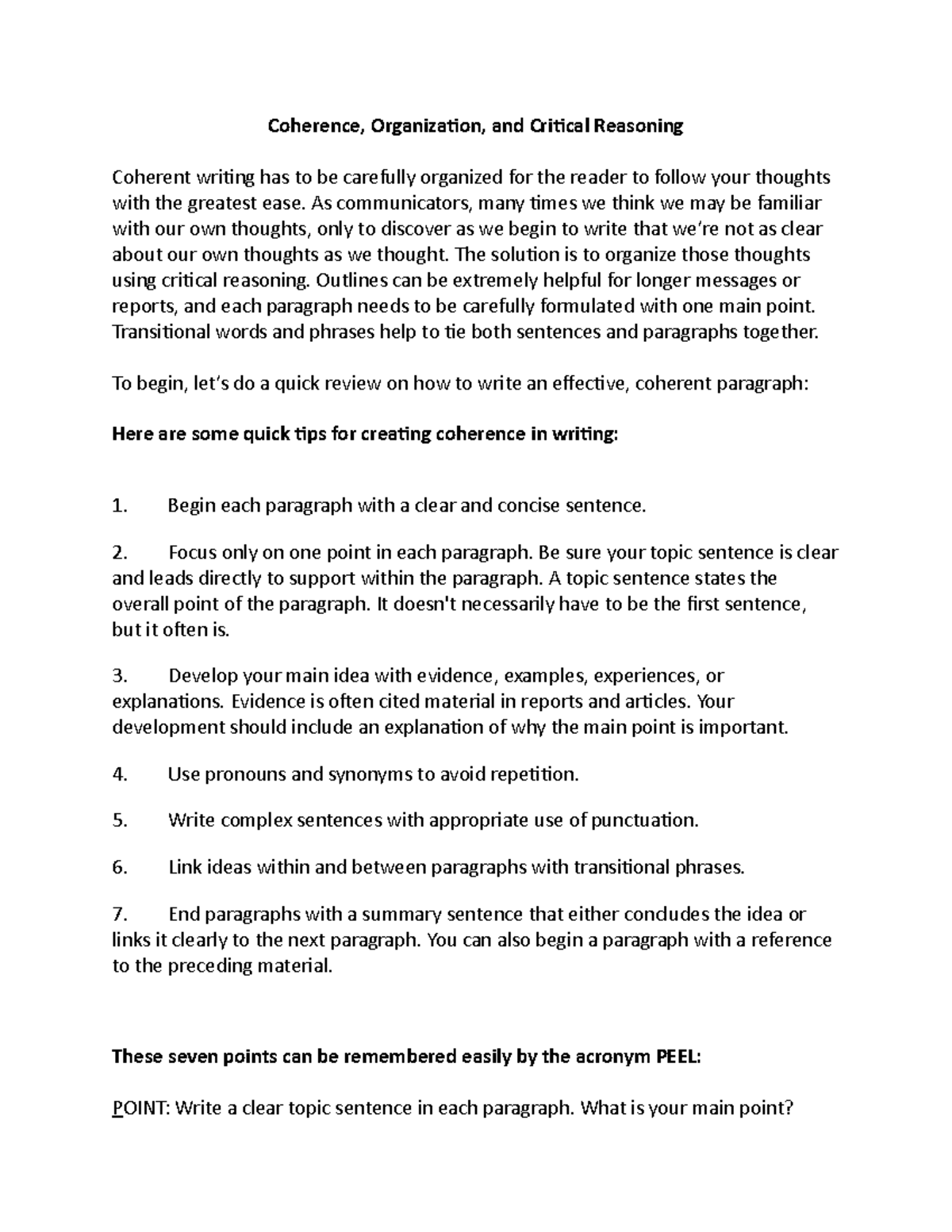 Coherence, Organization, Critical Reasoning - Coherence, Organization ...