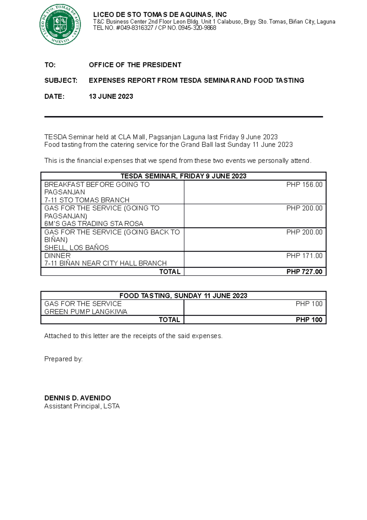 Expenses- Report - vcvx - TO: OFFICE OF THE PRESIDENT SUBJECT: EXPENSES ...