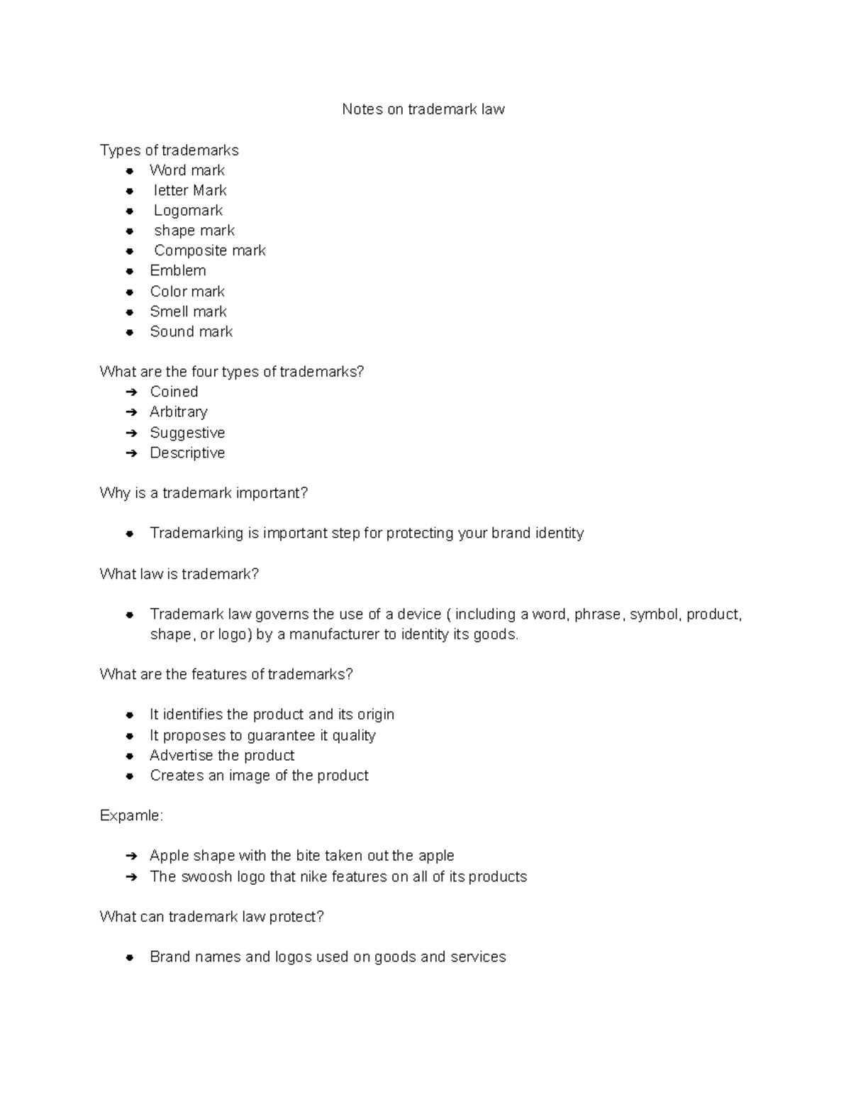 Notes on trademark law - Notes on trademark law Types of trademarks ...