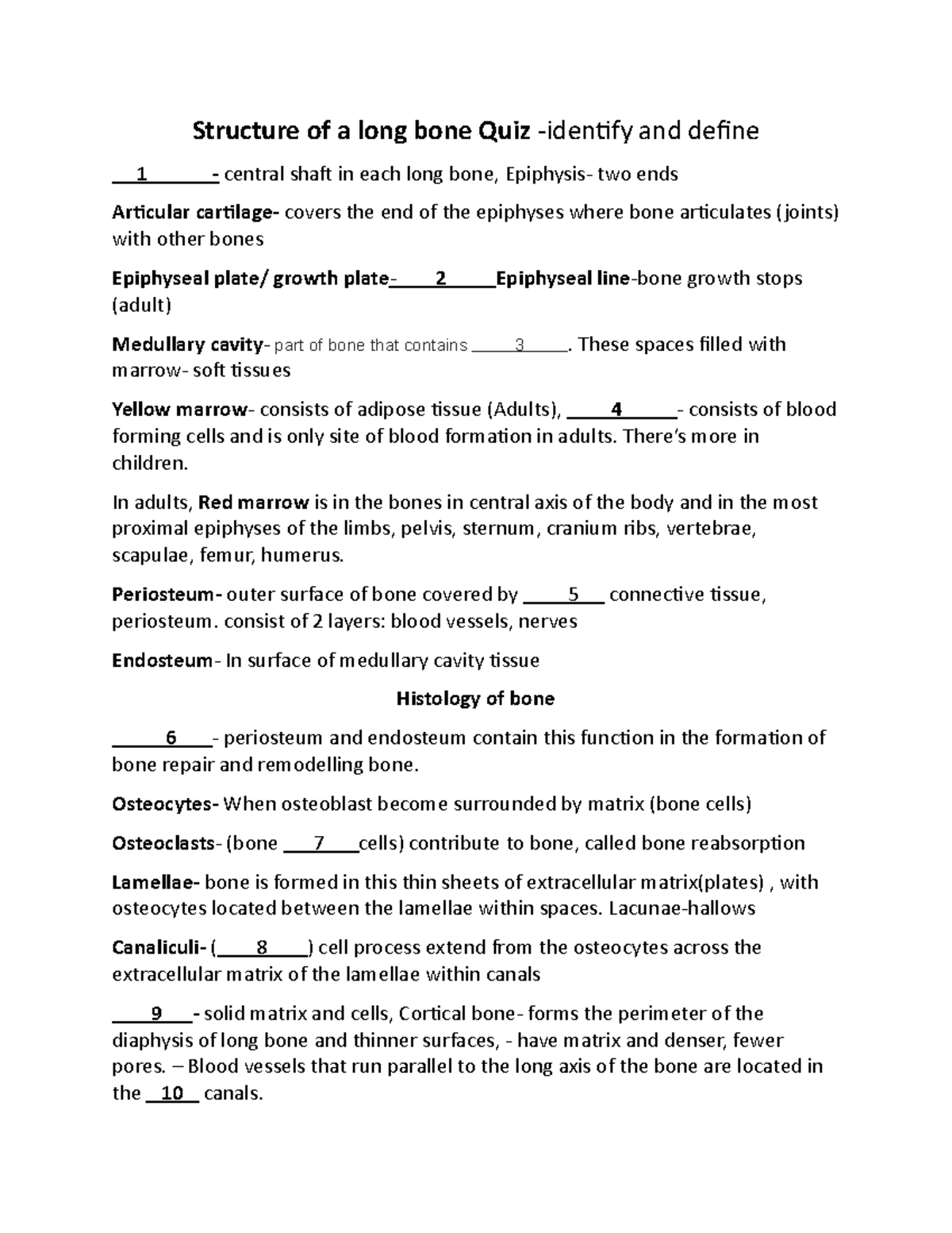 Bone Quiz- lecture 1 - Structure of a long bone Quiz - identify and ...