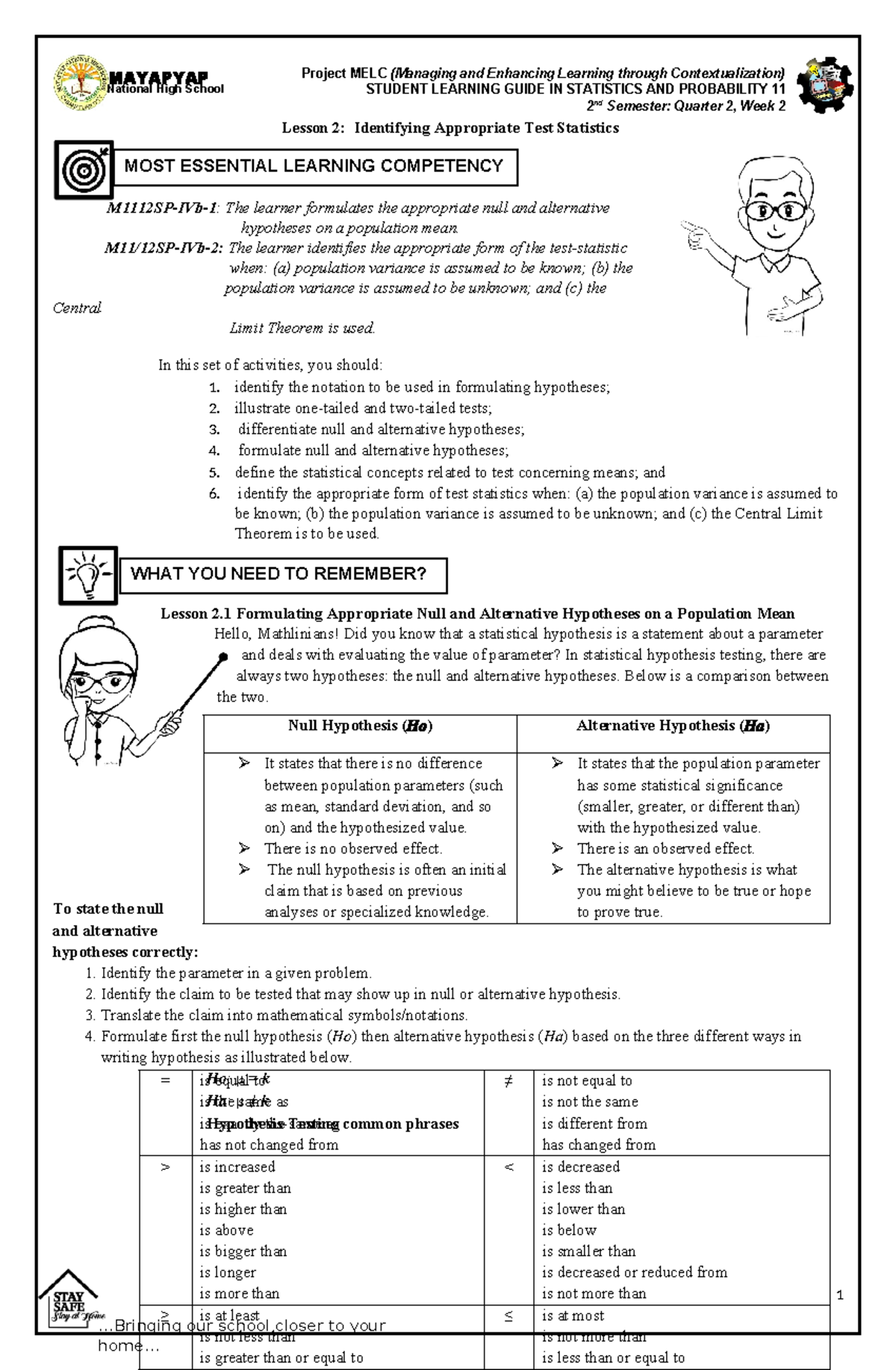SLG Statistics and Probability Q2W2 - .. our school closer to your home... Lesson 2: Identifying ...