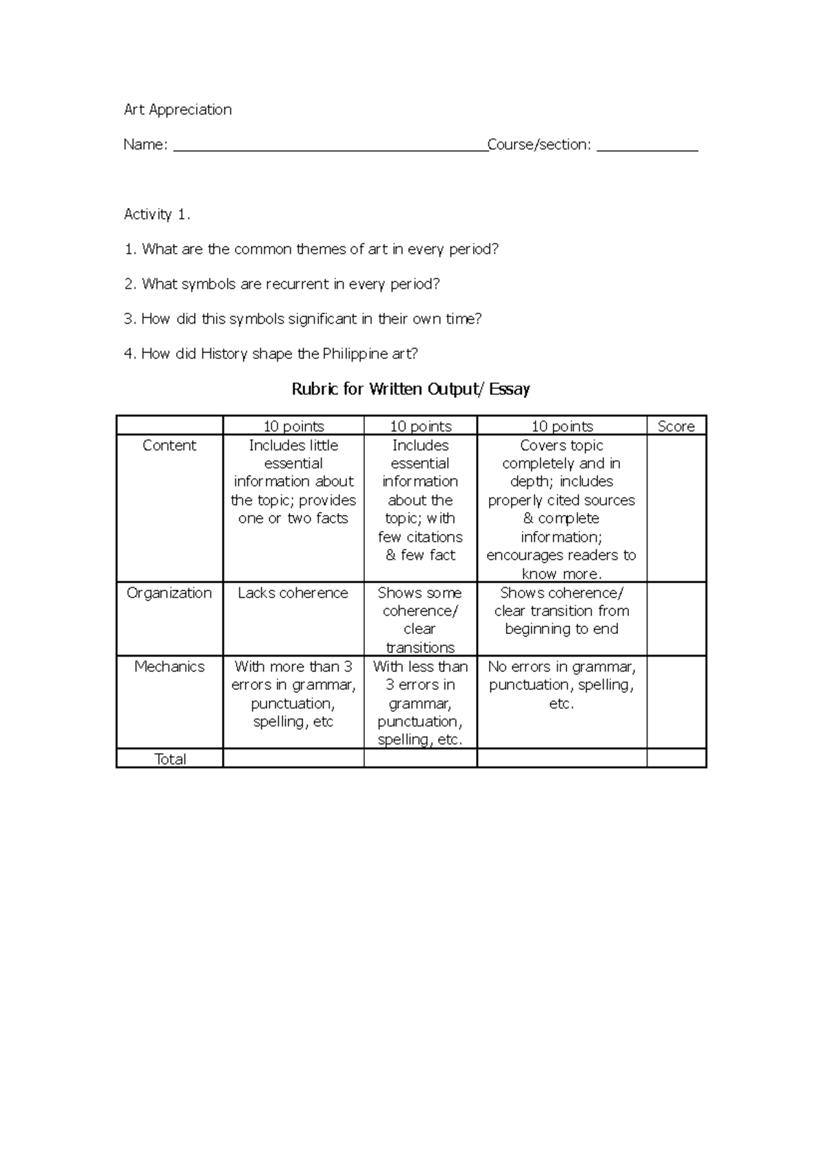 Art Appreciation - SEETWET - Art Appreciation Name: Course/section ...