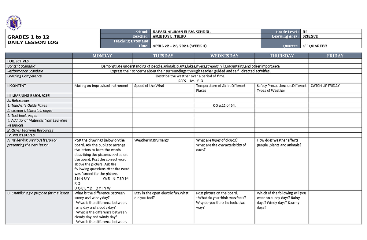 DLL Science 3 Q4 W4 - GRADES 1 to 12 DAILY LESSON LOG School: RAFAEL ...