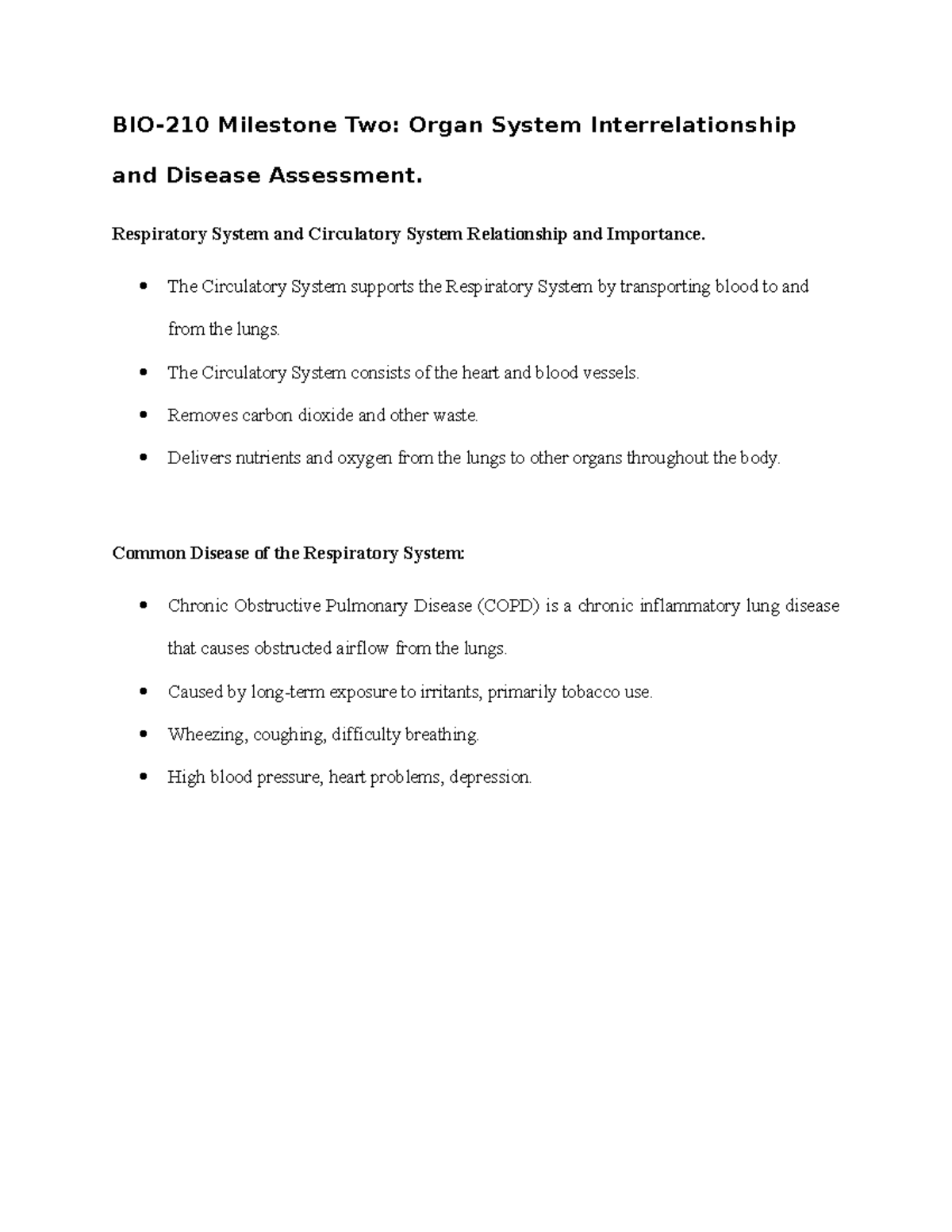BIO-210 milestone 2 - BIO-210 Milestone Two: Organ System ...
