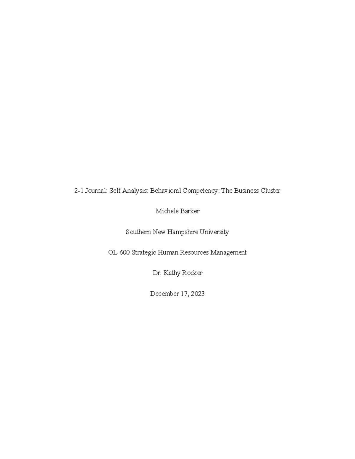 Journal Self Analysis Behavioral Competency The Business Cluste - Kathy ...