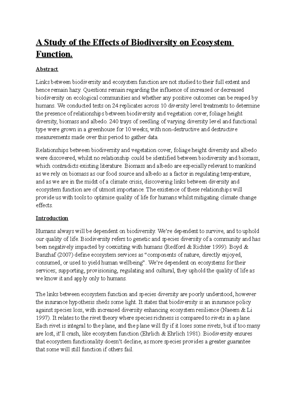 2022 BIOL123 - A Study of the Effects of Biodiversity on Ecosystem ...
