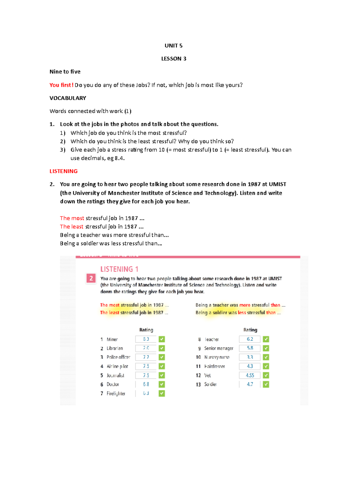 UNIT 5 lesson 3 - unidad 6 leccion 3 - UNIT 5 LESSON 3 Nine to five You ...