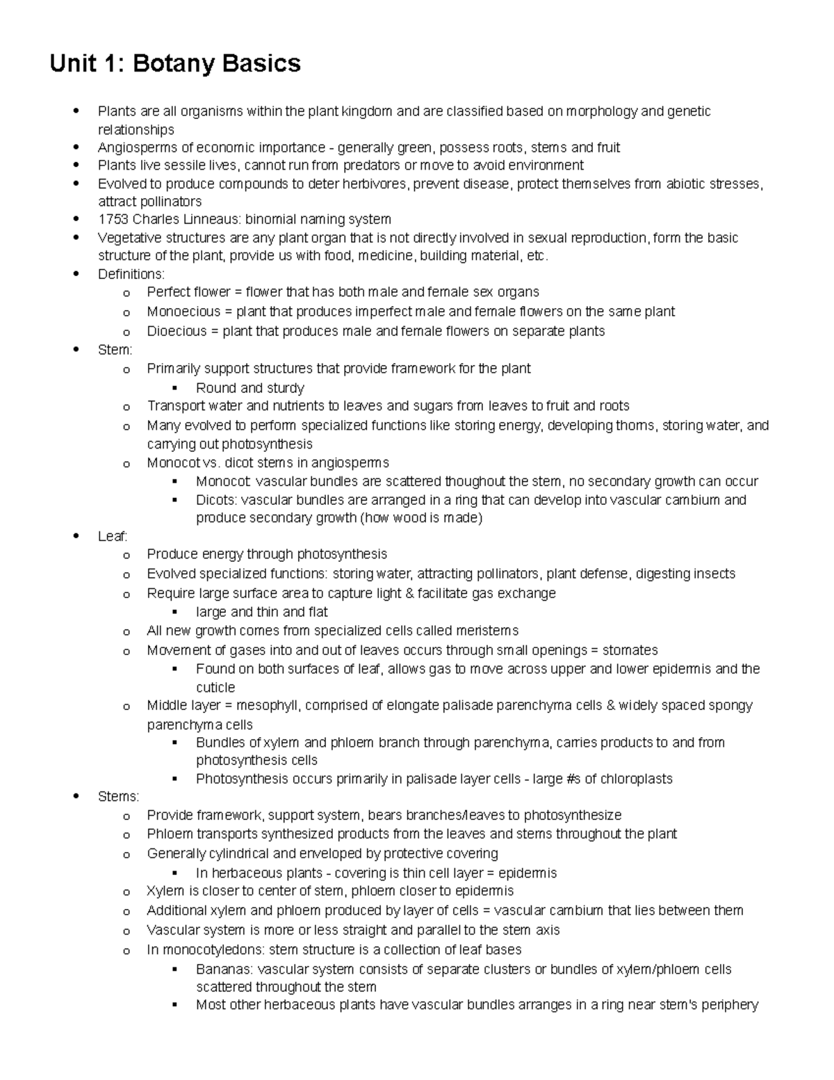 Final Exam Notes - Unit 1: Botany Basics Plants are all organisms ...