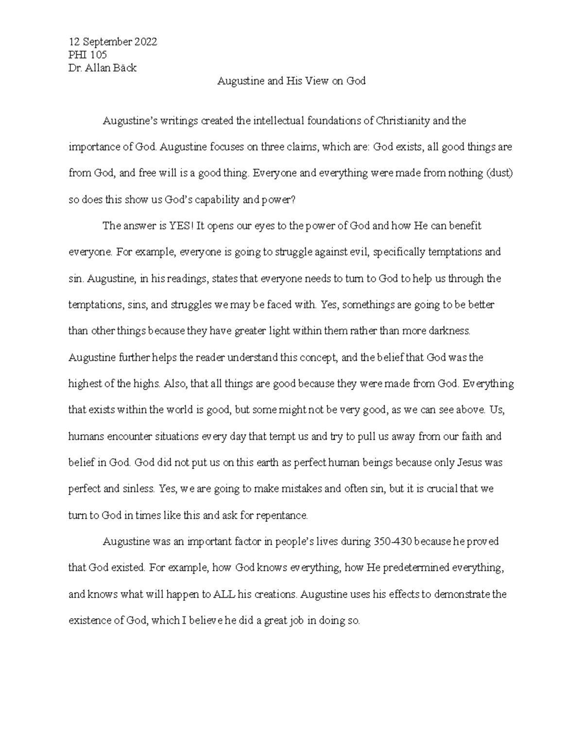 PHI 105 - Short Essay 1 9-12-22 - 12 September 2022 PHI 105 Dr. Allan ...