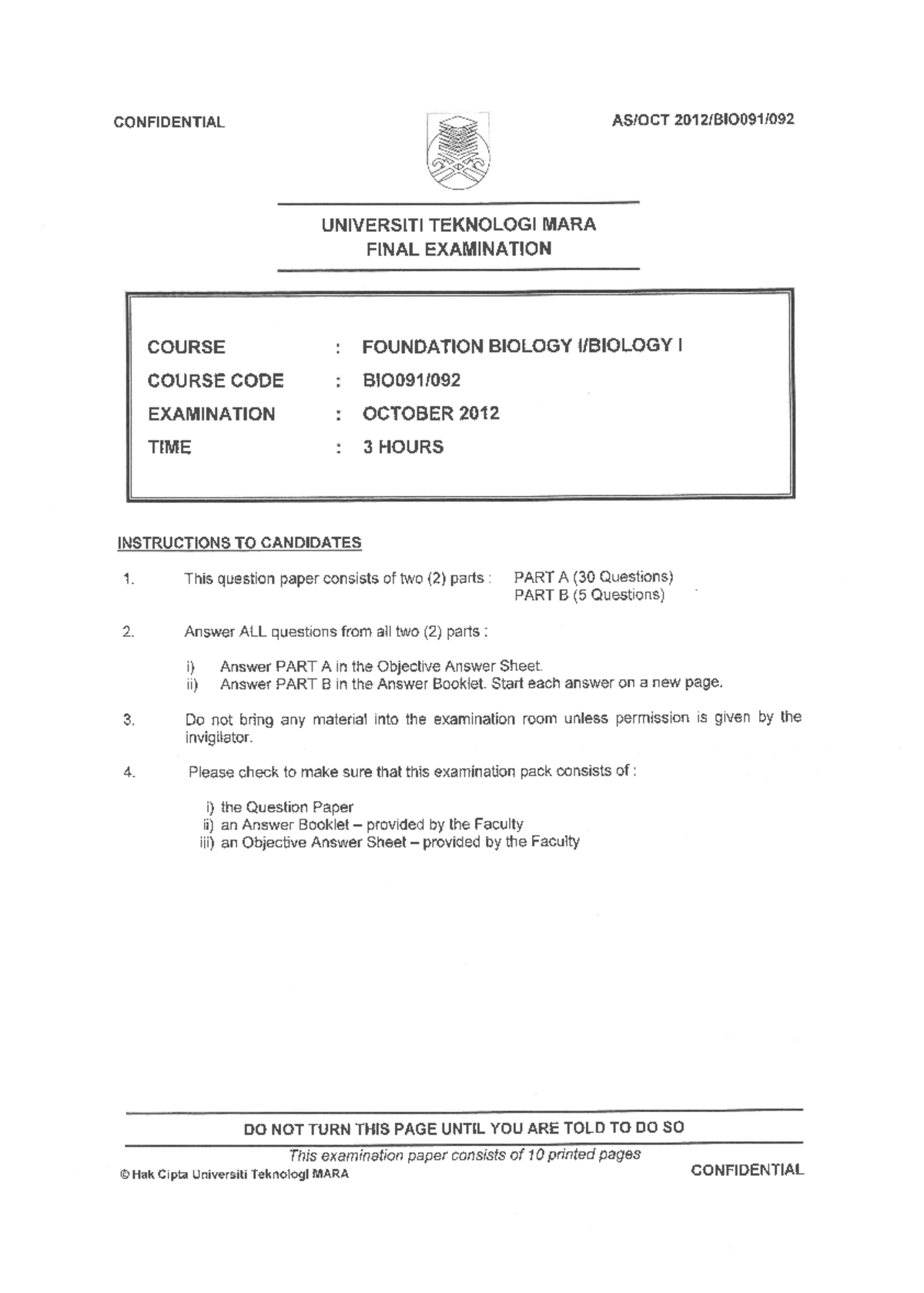 BIO091 SEM 1 PAST YEAR - past year - Foundation Biology - Studocu