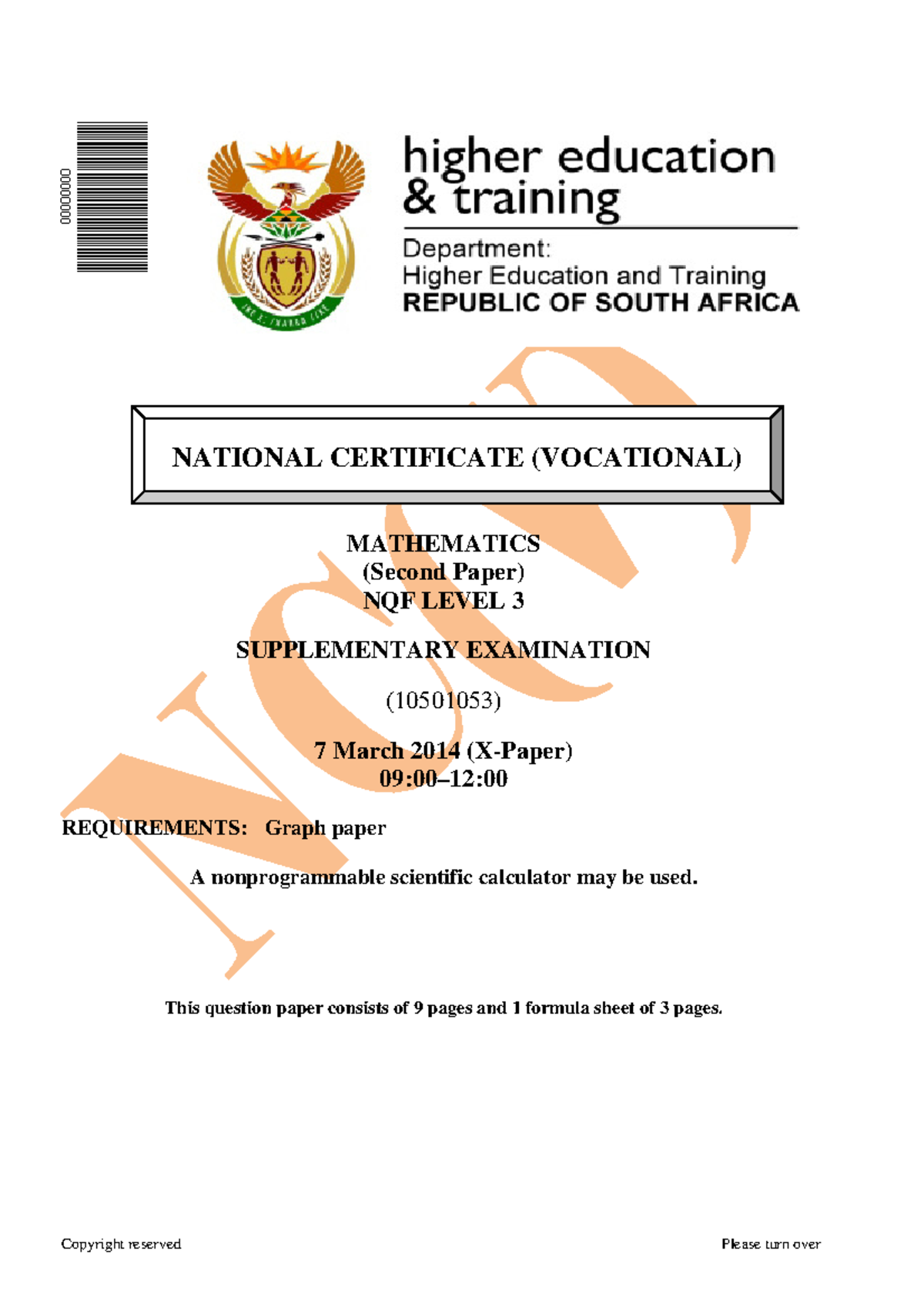 NCV Mathematics Lvl3 Paper 2 X Paper Mar 2014 Supplementary ...