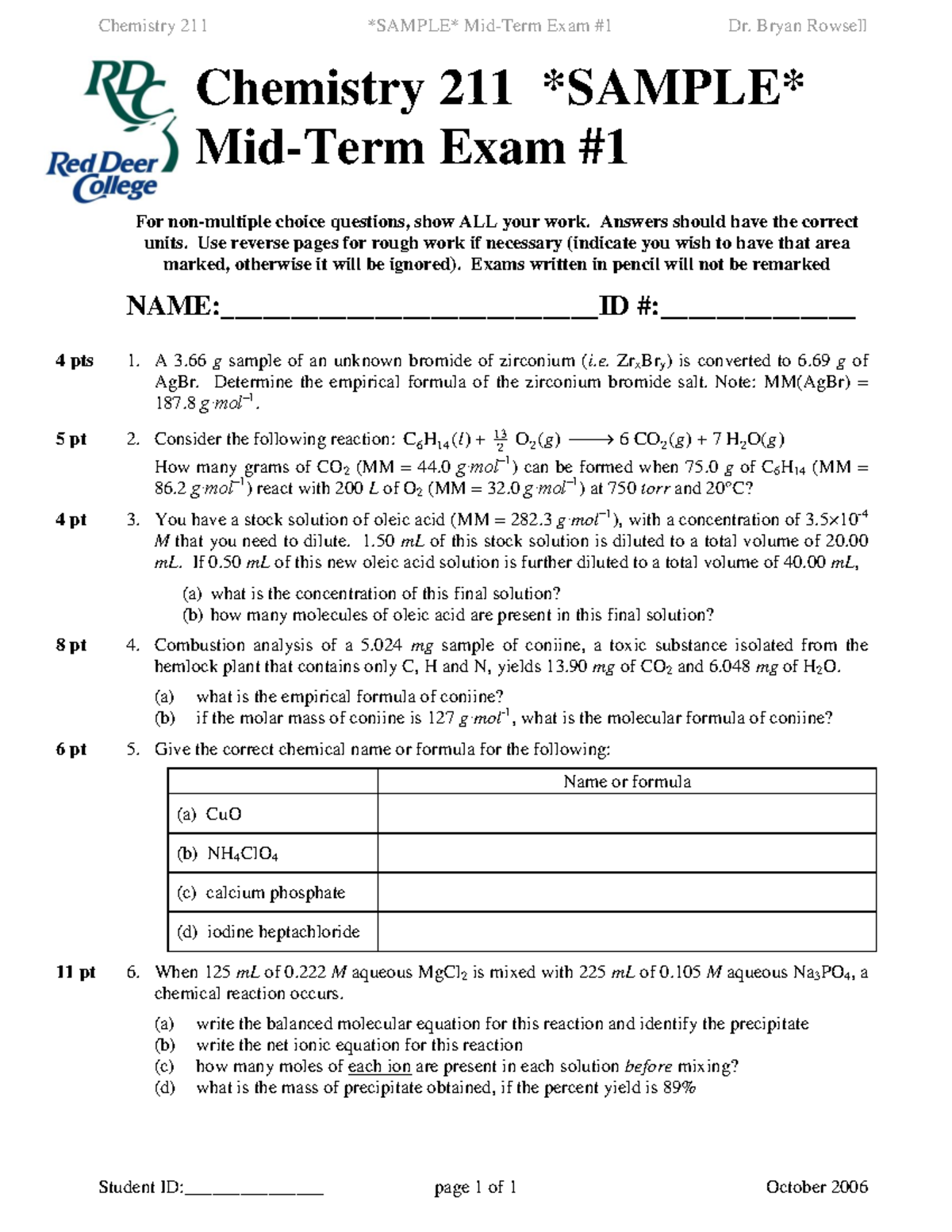 midterm chem 211 - Chemistry 211 SAMPLE Mid-Term Exam #1 Dr. Bryan ...