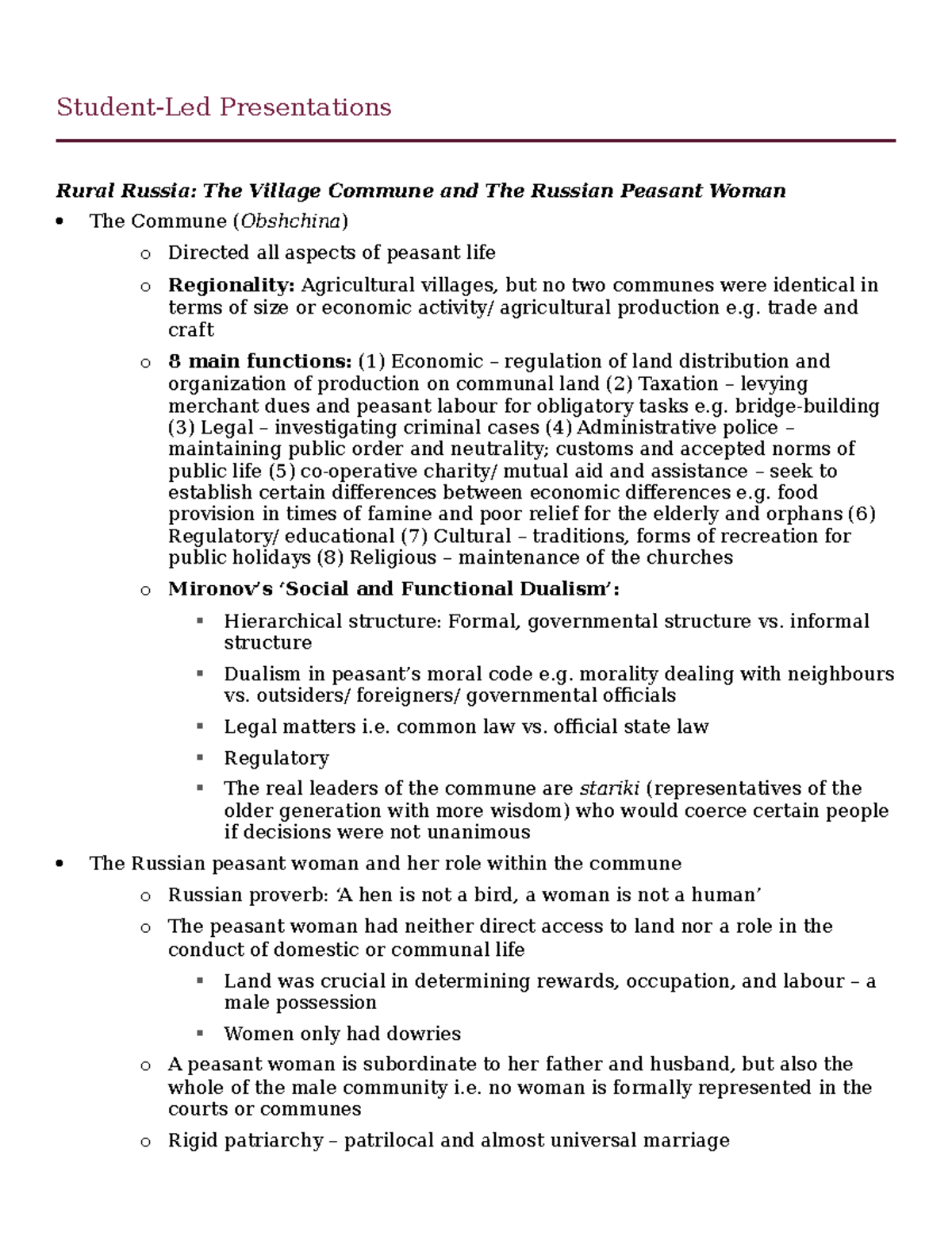 Student-Led Presentations - Student-Led Presentations Rural Russia: The ...