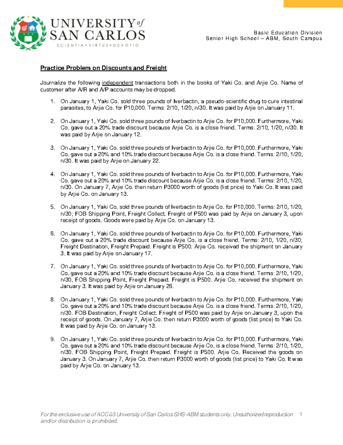 Practice Problem - Freight and Discounts - B a s i c E d uc a t i o n D ...