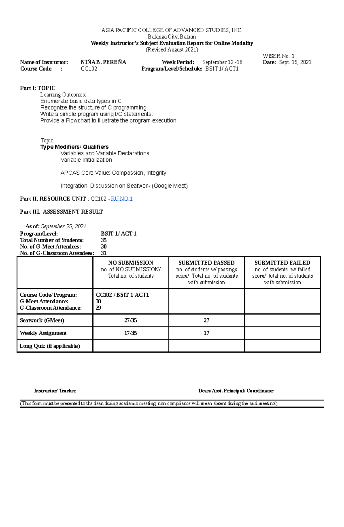 CC102 -W1 - This course provides problem solving and computer programming skills for students ...