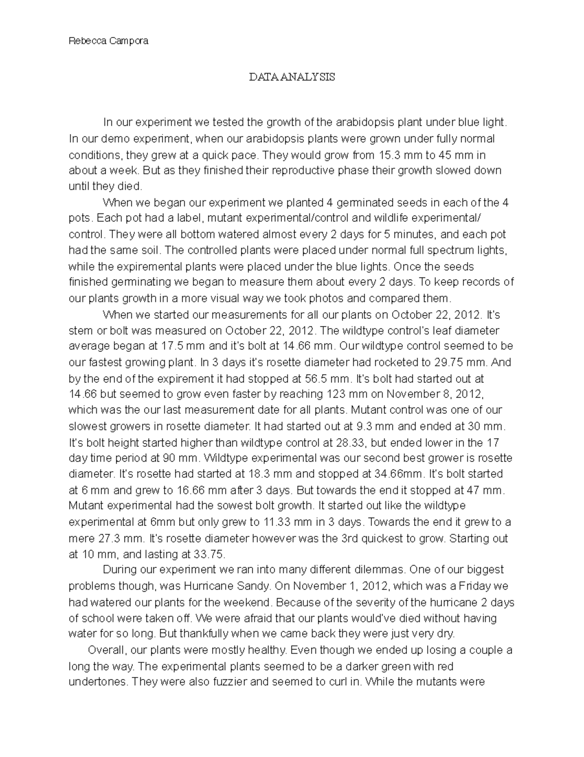 Data Analysis copy1 - Rebecca Campora DATA ANALYSIS In our experiment ...