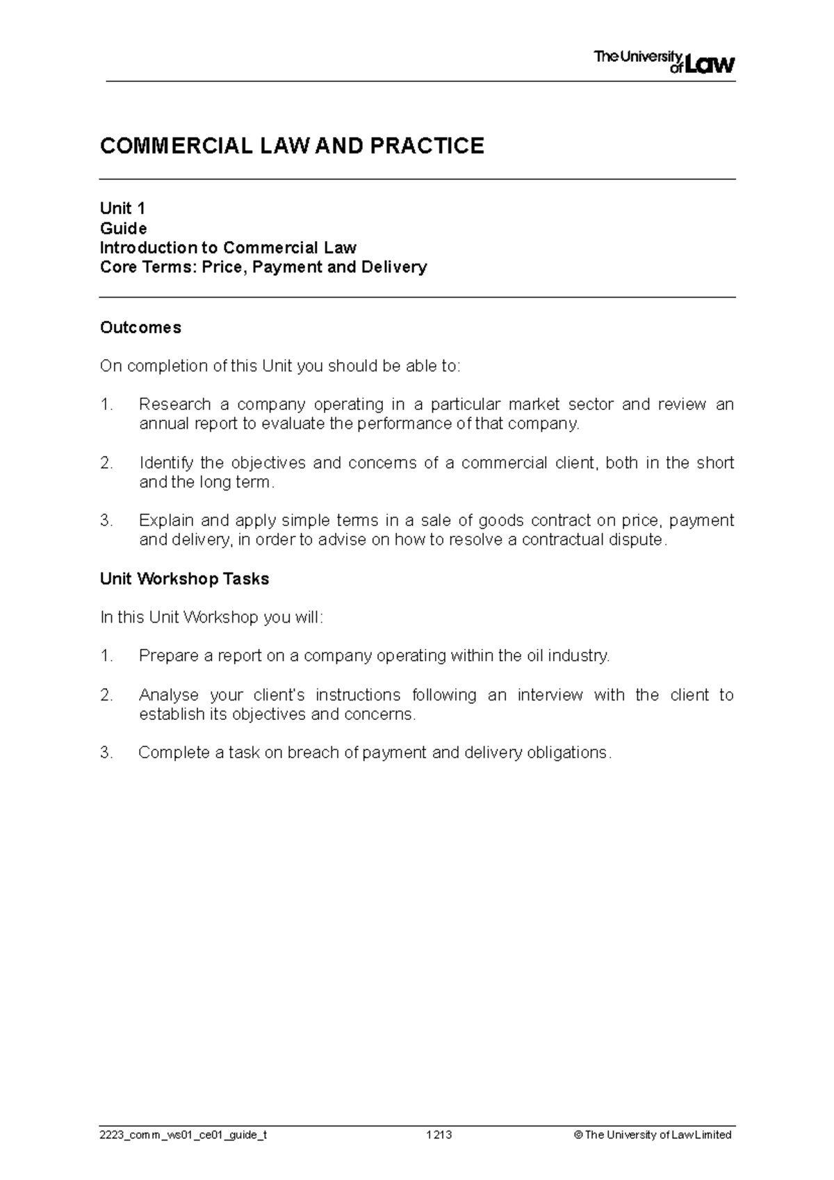 Commerical law WS1 - COMMERCIAL LAW AND PRACTICE Unit 1 Guide ...