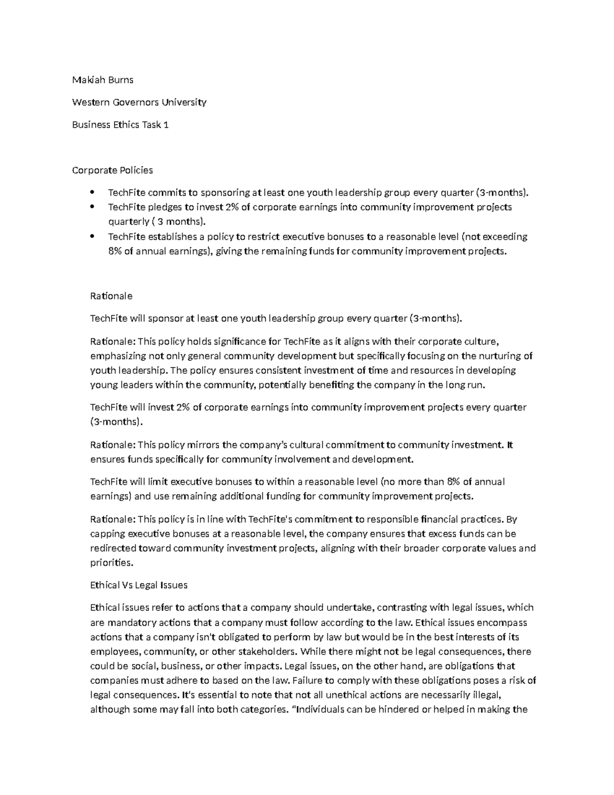 B Ethics Task 1 - Makiah Burns Western Governors University Business ...