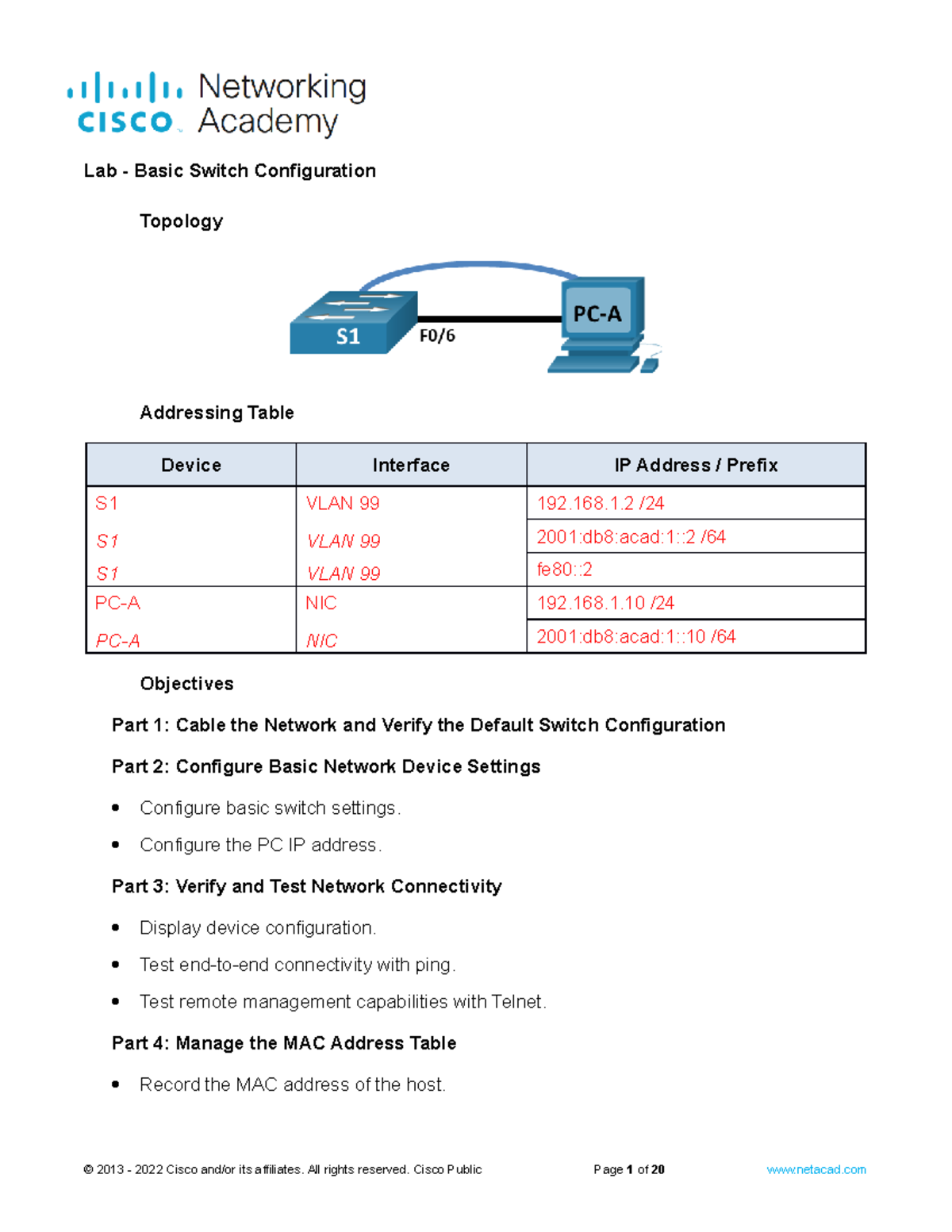 Praclab 2 - Networking - Topology Addressing Table Device Interface IP Address / Prefix S1 VLAN ...
