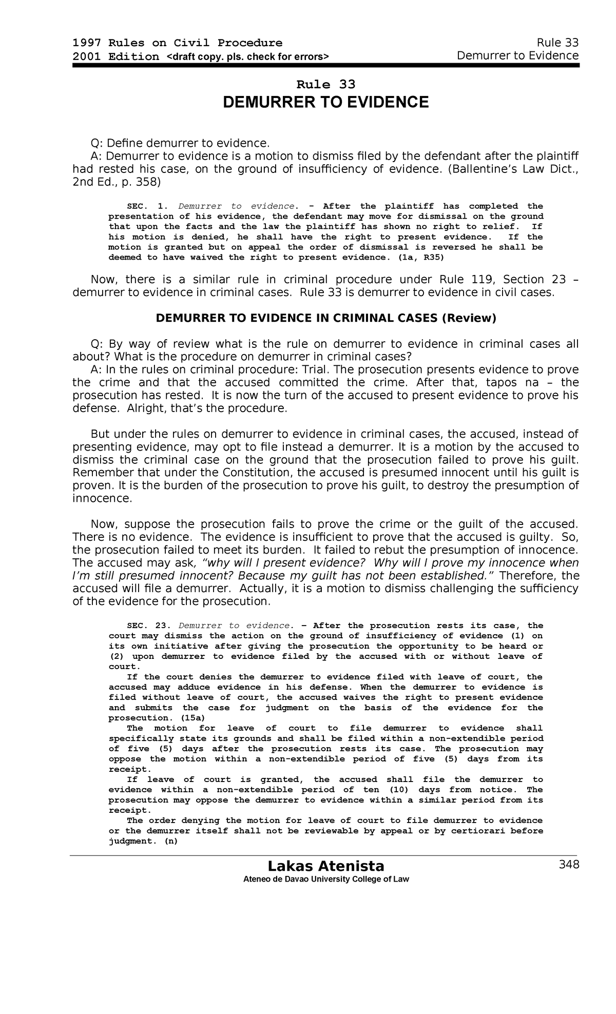Rule 33 demurrer to evidence - 2001 Edition Demurrer to - Studocu