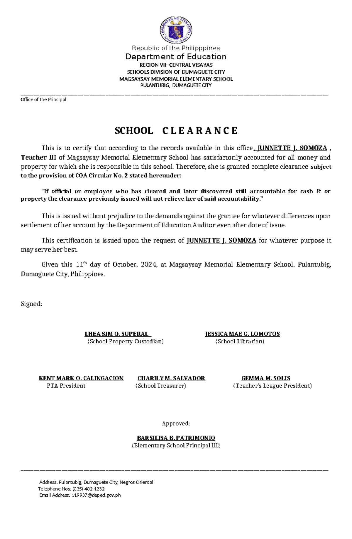 School-clearance- Karen P. Tuvalles - Republic of the Philipppines ...