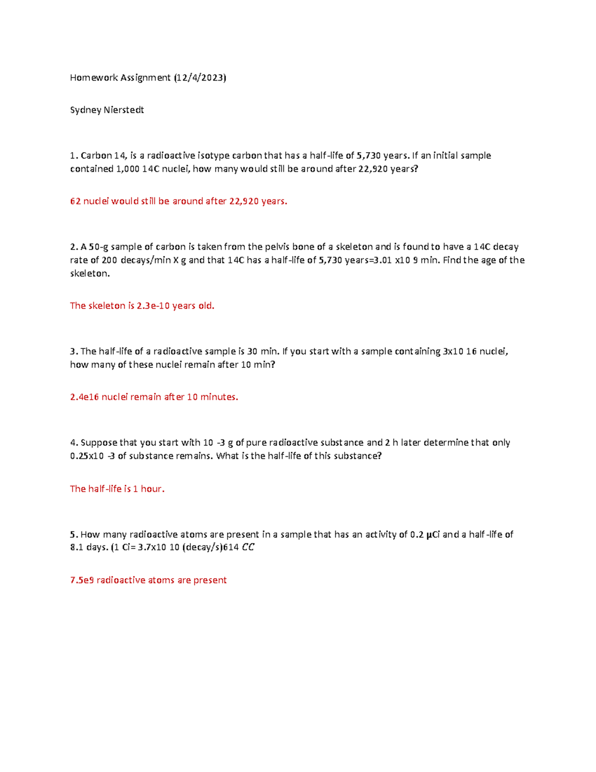BME Hw 14 - homework 14 - Homework Assignment (12/4/2023) Sydney ...