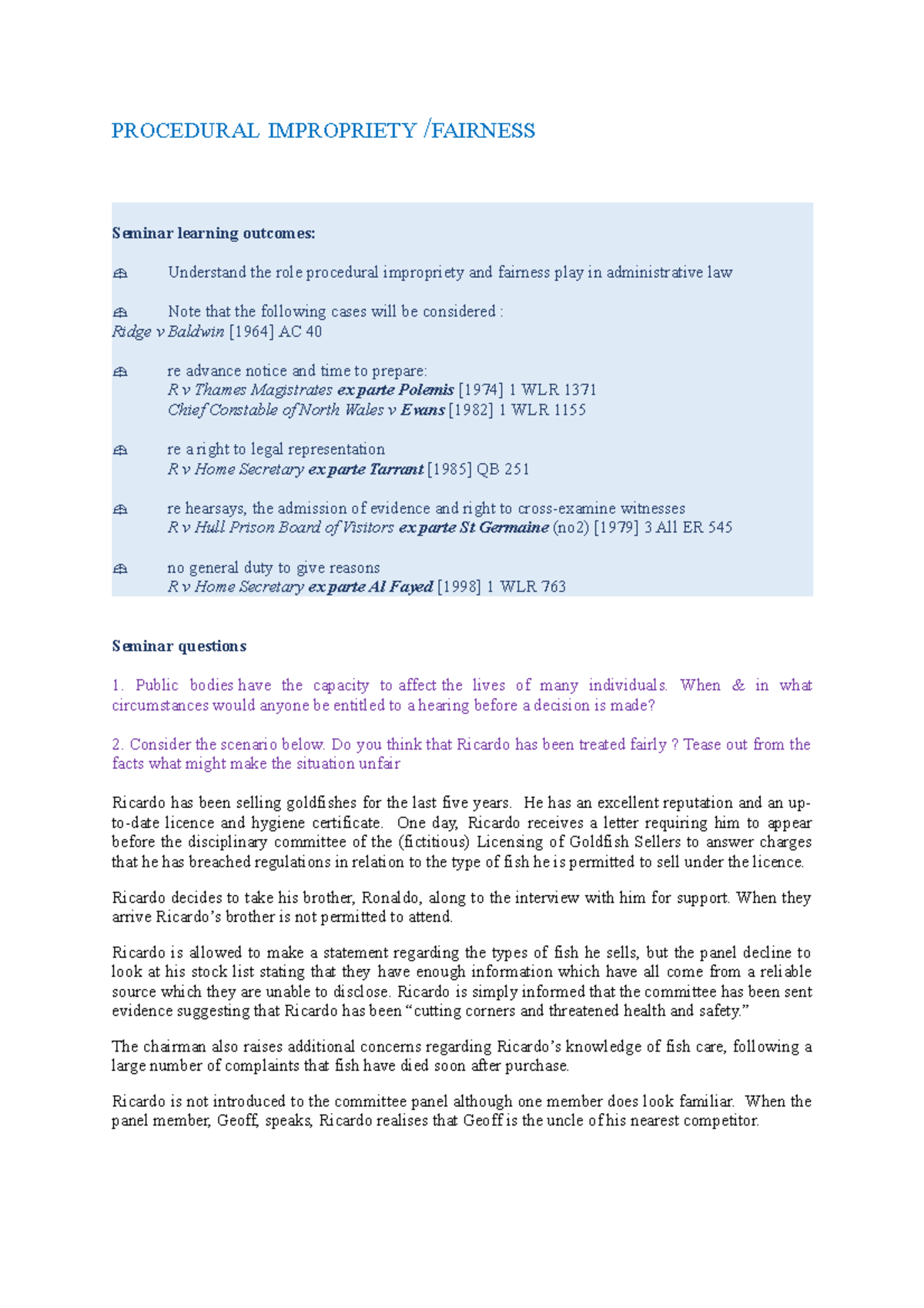 SEMINAR QUESTIONS procedural impropriety fairness. - PROCEDURAL ...