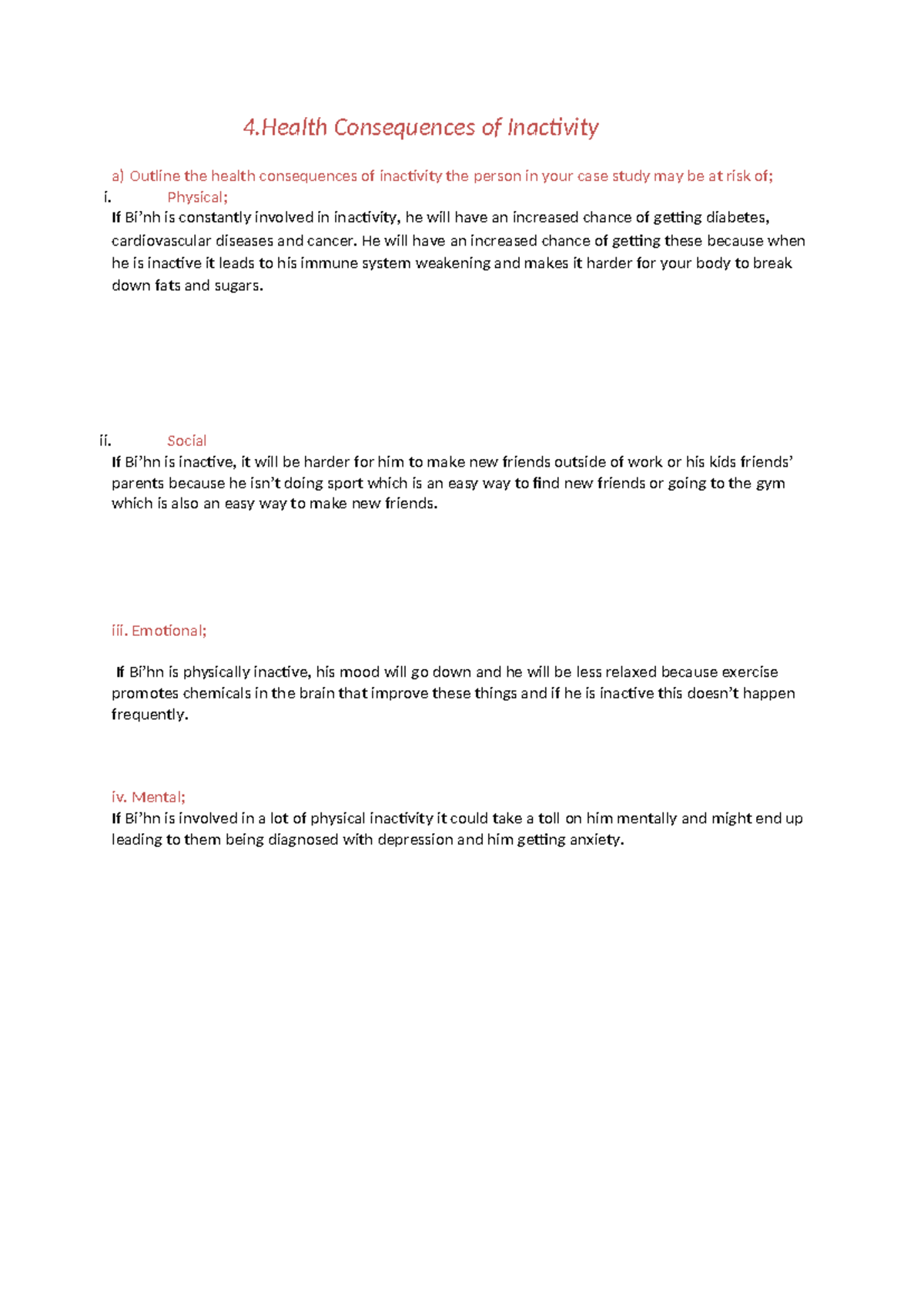 PE - good notes week 2 - 4 Consequences of Inactivity a) Outline the ...