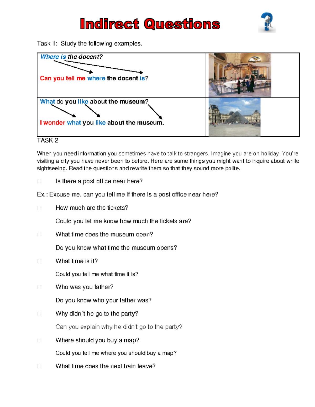 Indirect-questions-fun - Indirect Questions Task 1: Study the following ...
