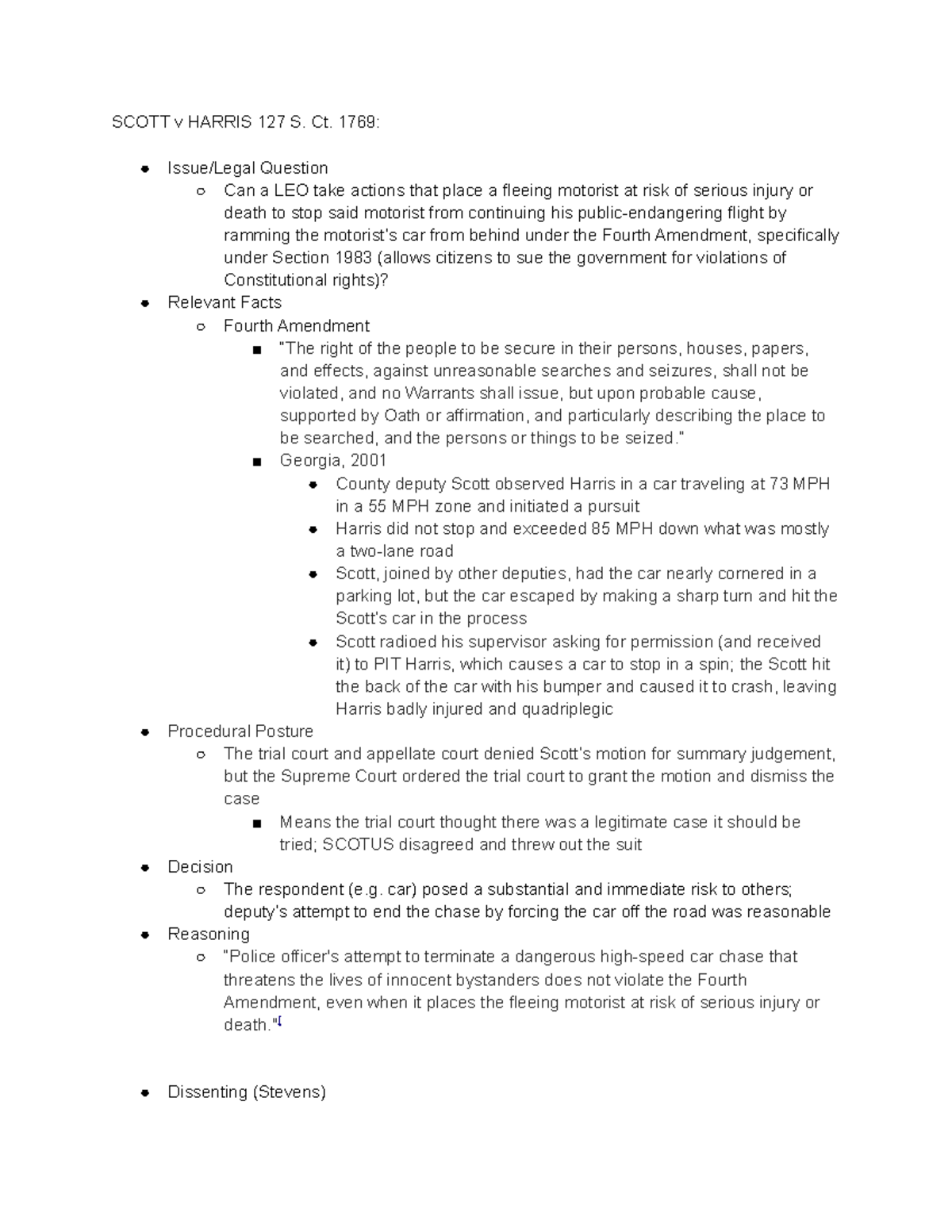 9/20/18 Readings - SCOTT v HARRIS 127 S. Ct. 1769: Issue/Legal Question ...
