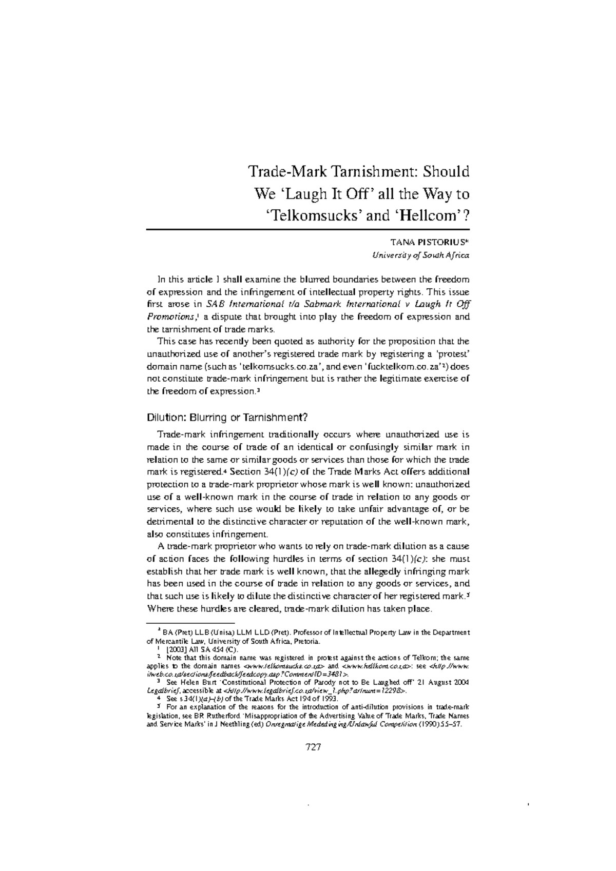 Pistorius - Trade-mark tarnishment - Trade-Mark Tarnishment: Should We ‘Laugh It Off’ all the ...