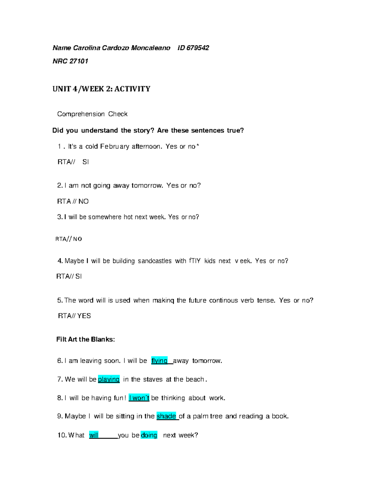 UNIT 4 WEEK 2 Activity ingles - Name Carolina Cardozo Moncaleano ID ...