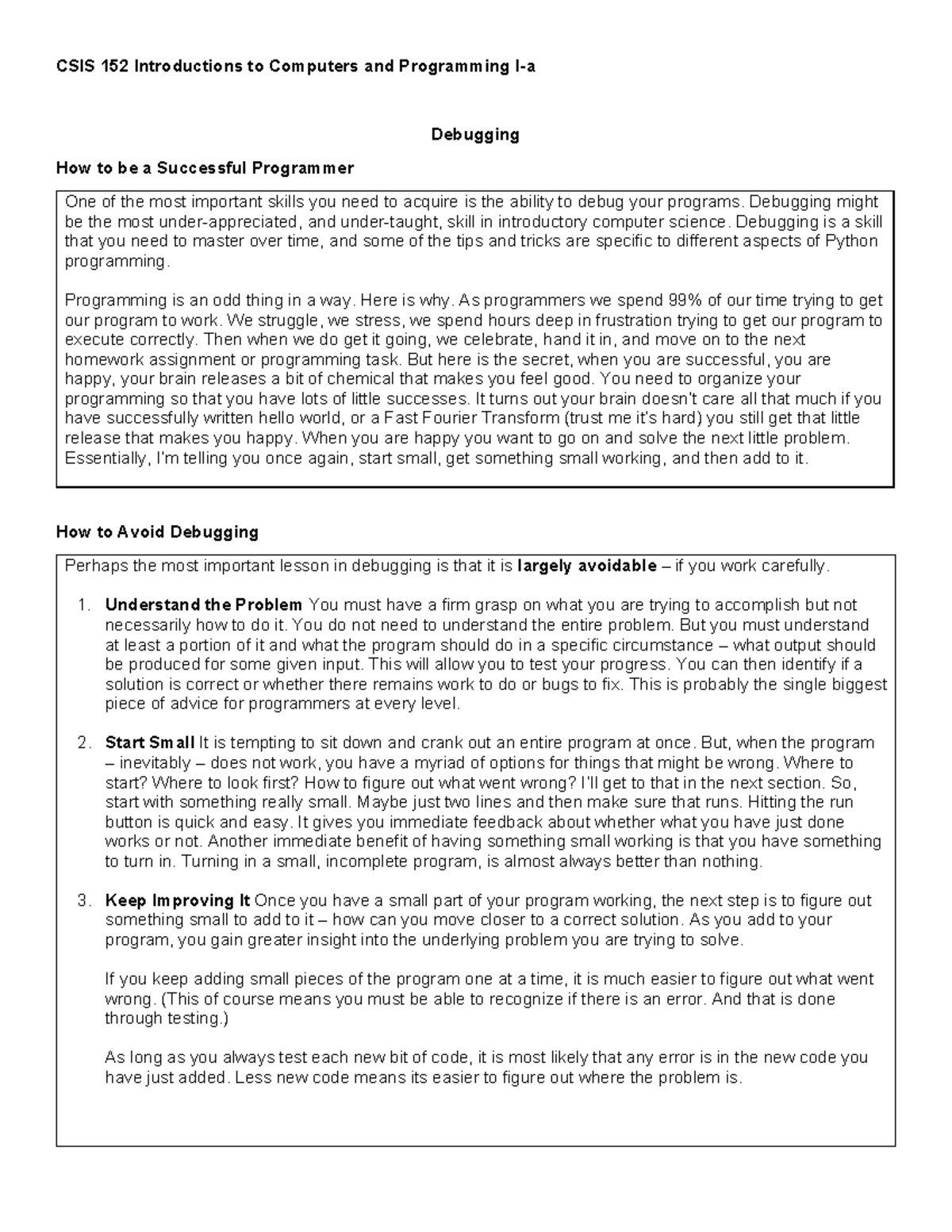 09. CSIS 152 2021-01-27-Debug - CSIS 152 Introductions to Computers and Programming I-a ...