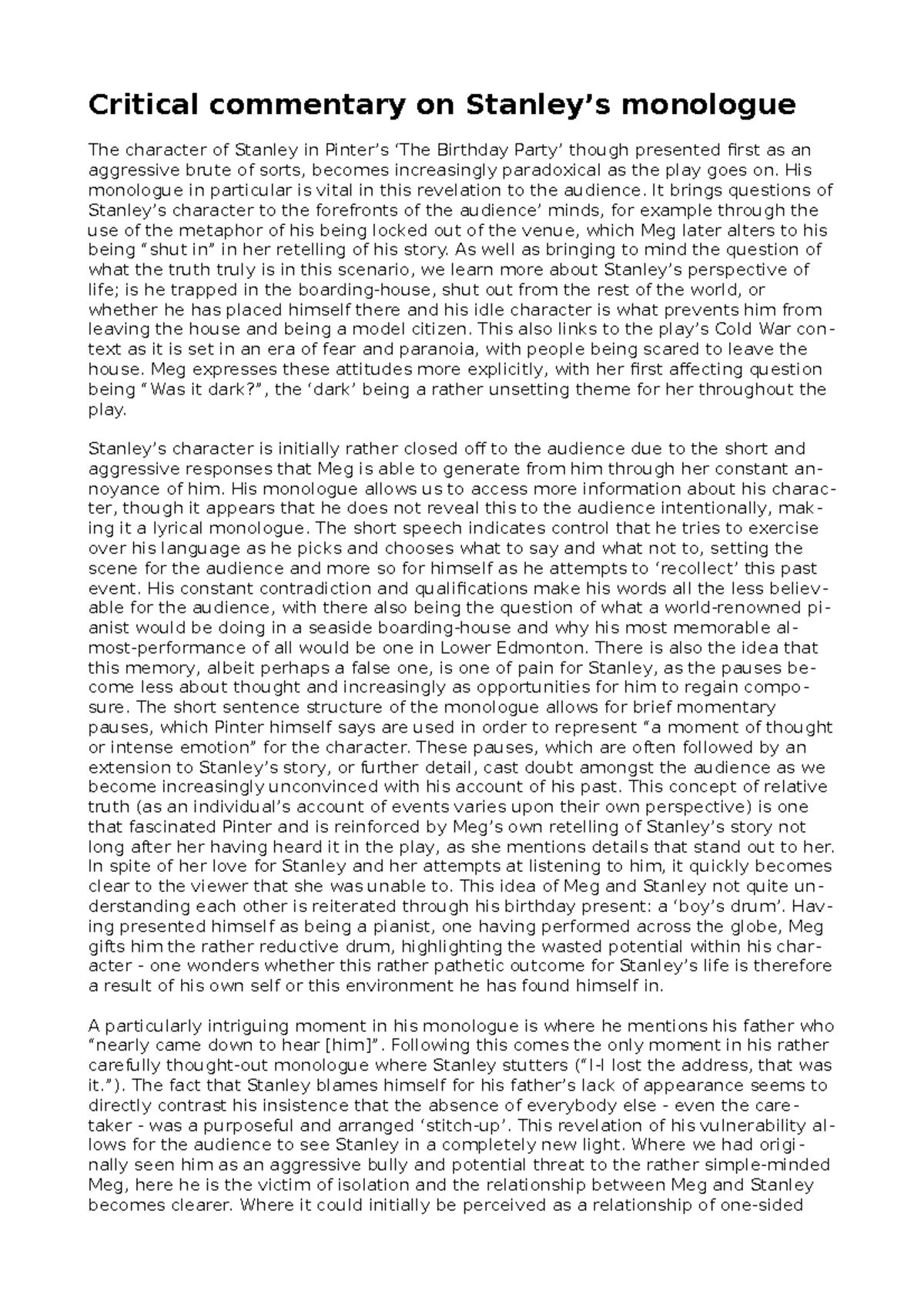 Stanleys Monologue - Harold Pinter, 'The Birthday Party' - Critical ...