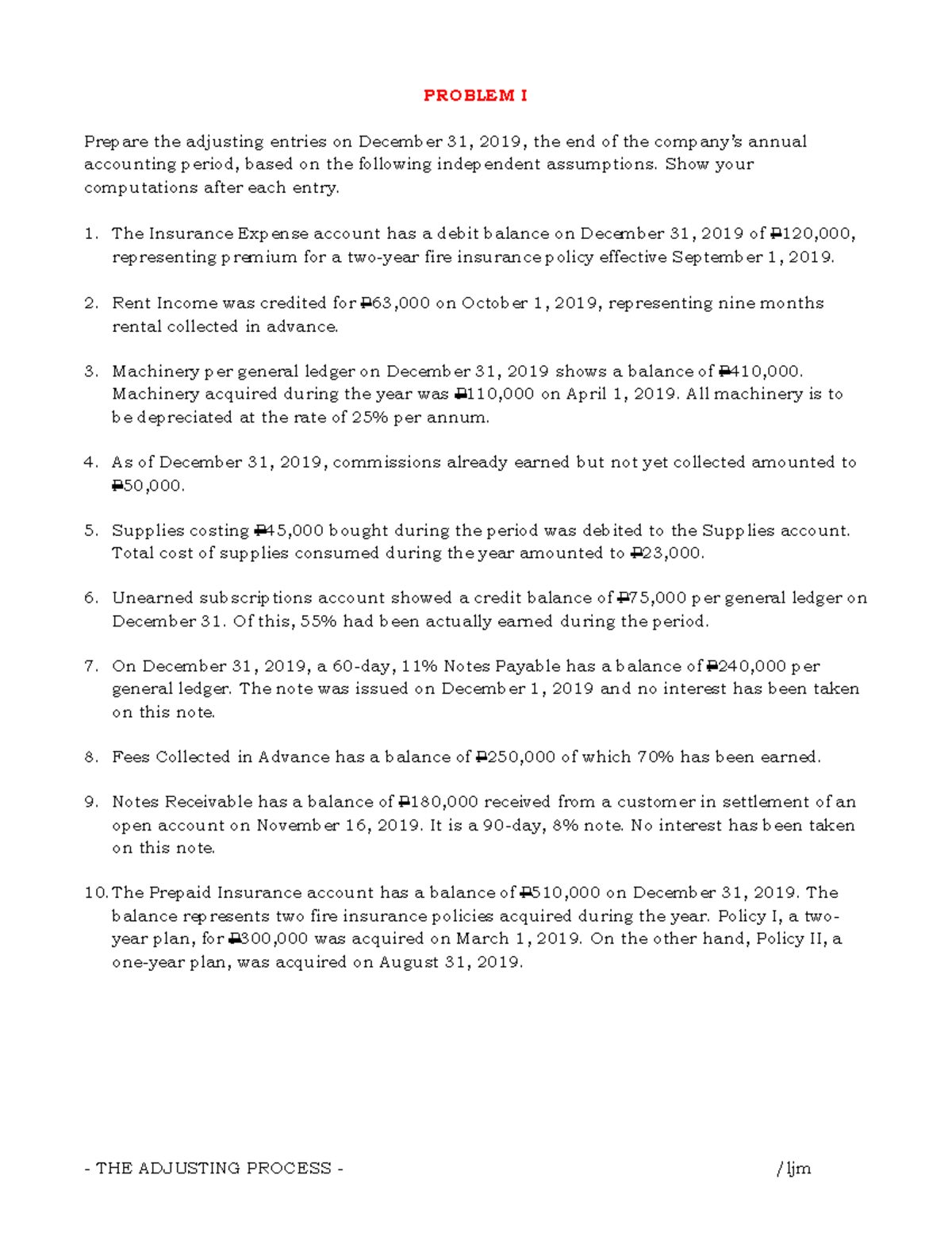 Problem SETS - Adjusting Entries - THE ADJUSTING PROCESS - /ljm PROBLEM ...