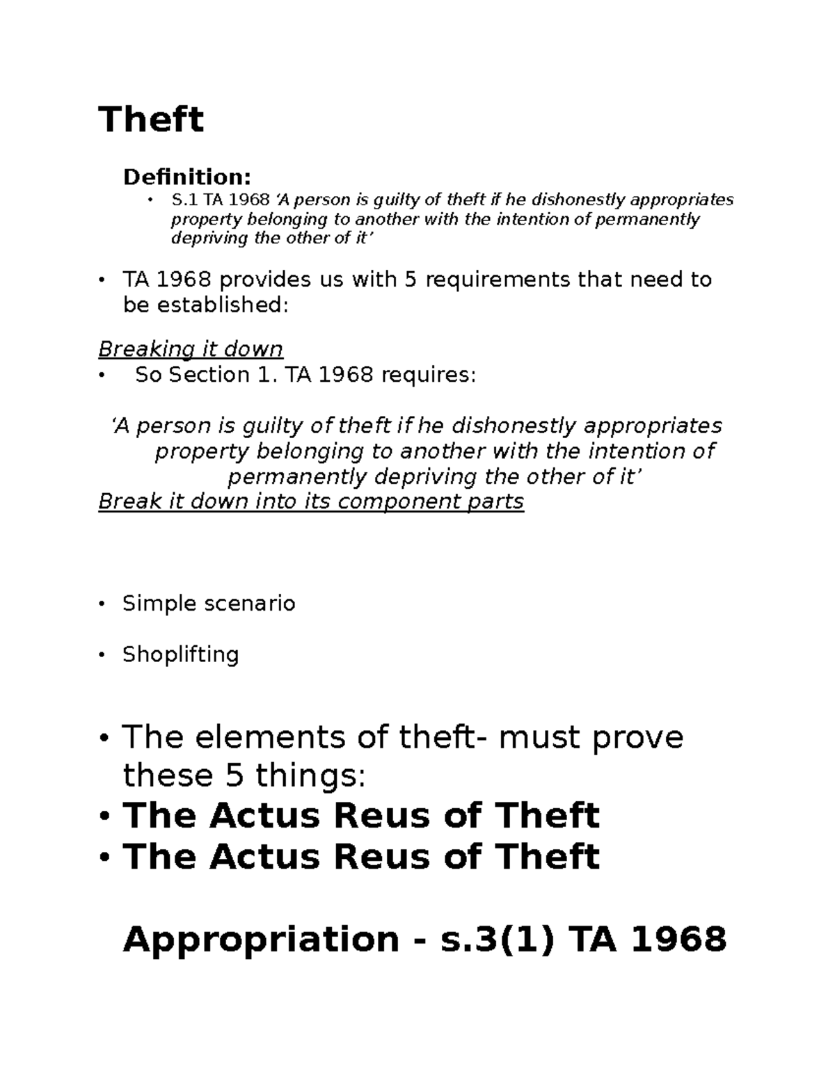 Lecture 5 - Theft - Theft Definition: - S TA 1968 ‘A person is guilty ...