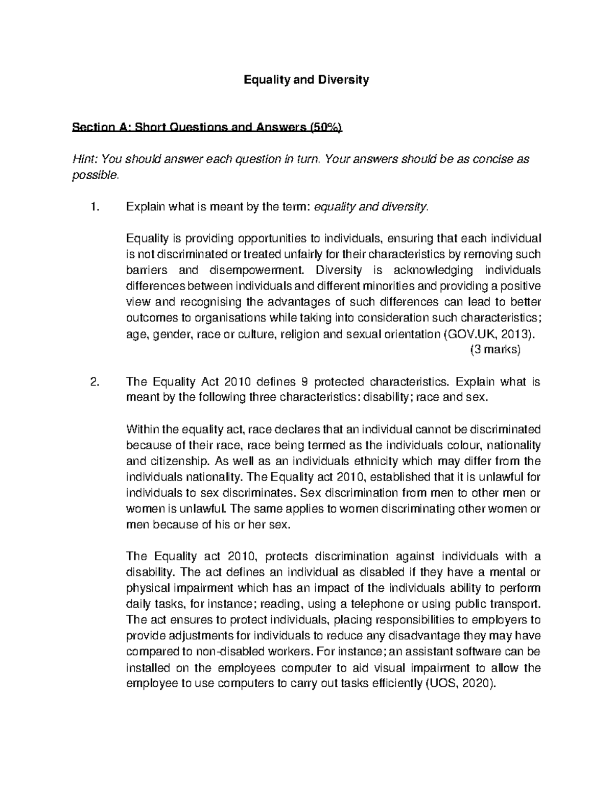 18005809 Equality and Diversity - Equality and Diversity Section A ...