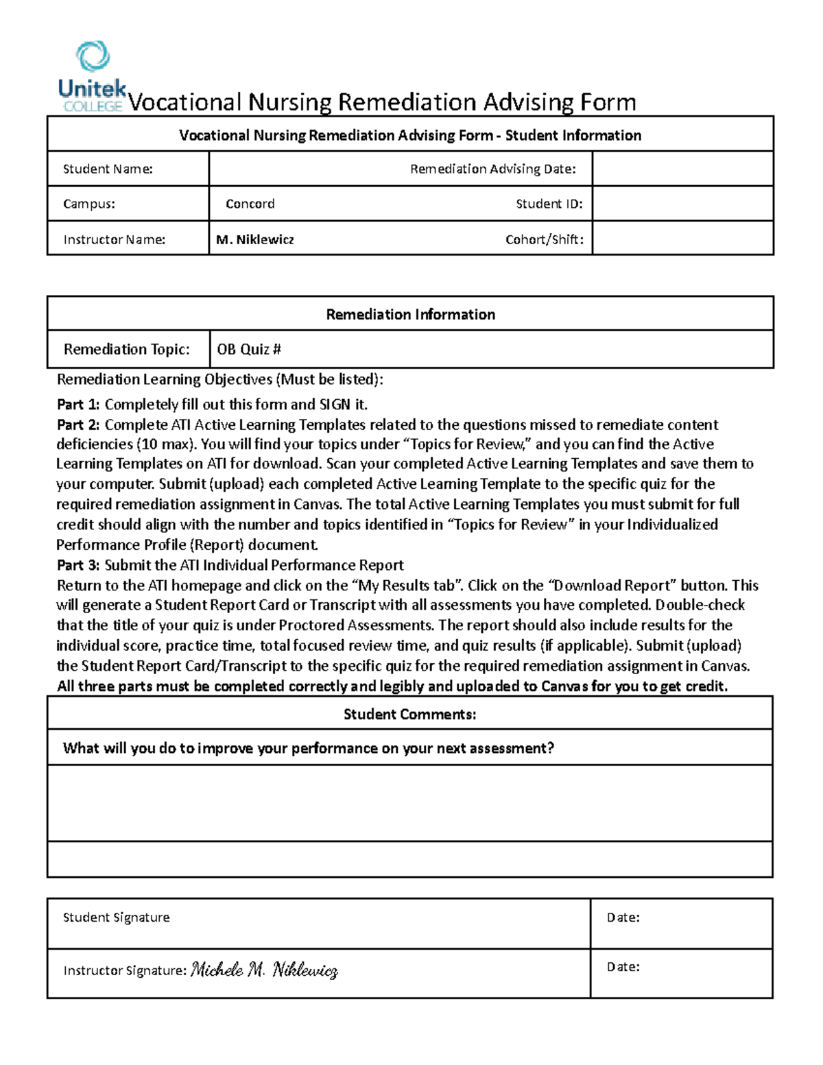OBRemediation Form - 12 OB topic - Vocational Nursing Remediation ...