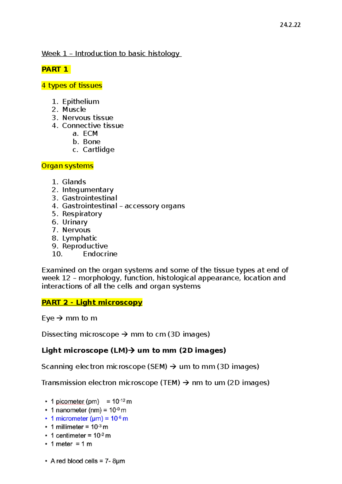 Week 1 - introduction - Week 1 – Introduction to basic histology PART 1 ...