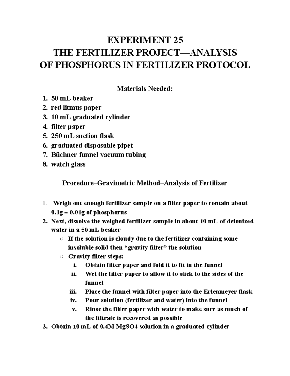 Experiment 25 Protocol for analysis of fertilizer - EXPERIMENT 25 THE ...