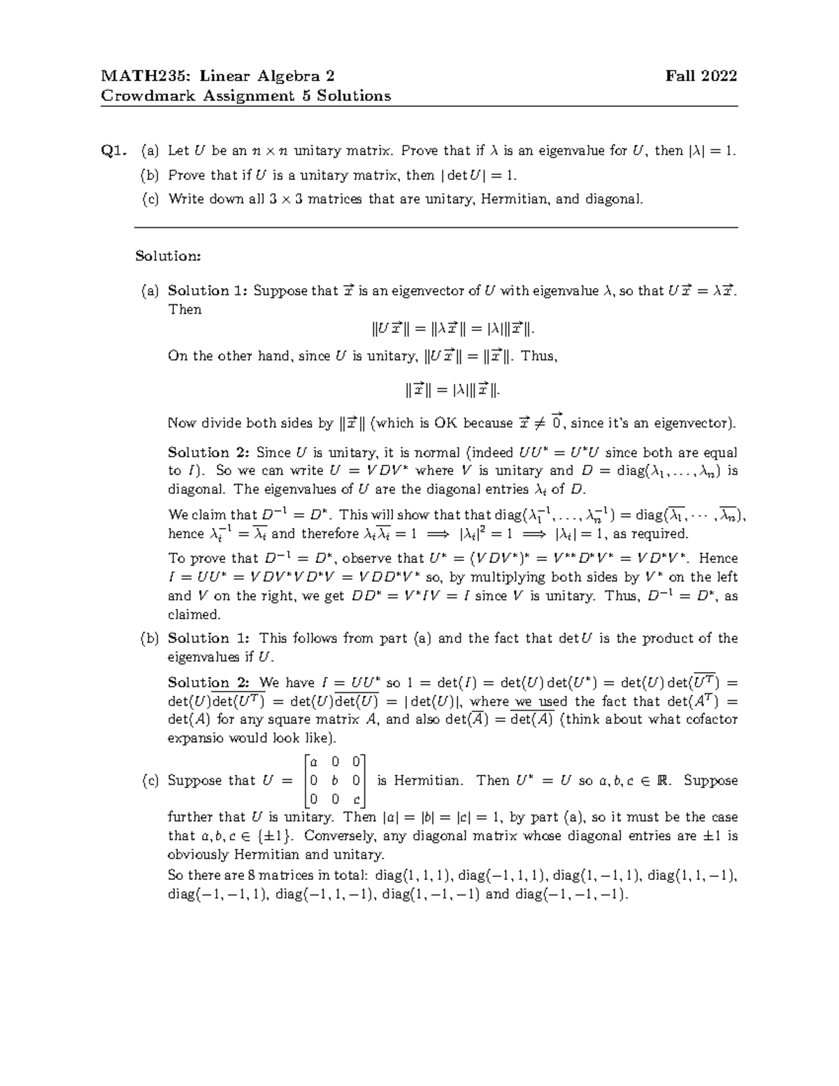 Math235-CA05-soln - assignment solutions - Crowdmark Assignment 5 Solutions Q1. (a) Let U be an ...