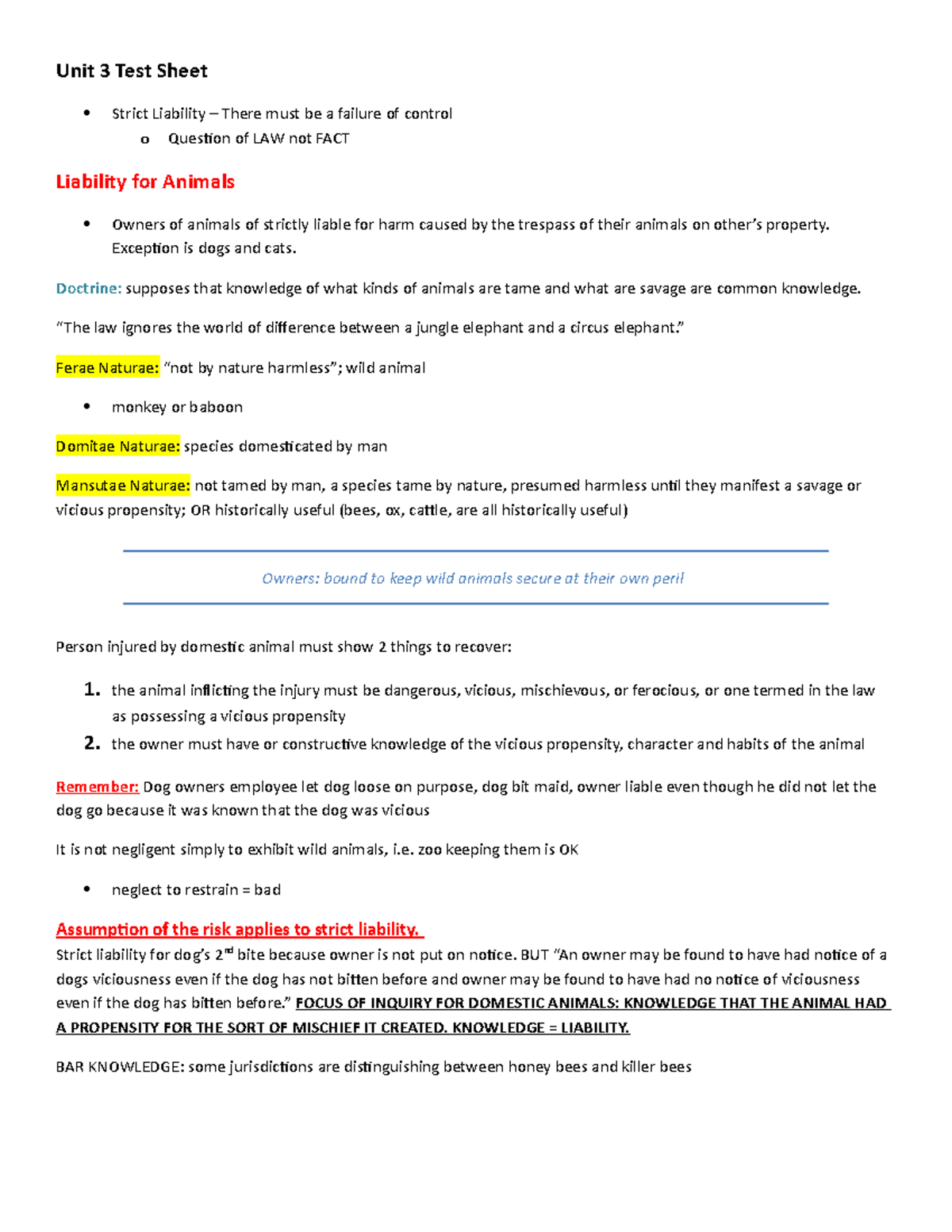 Torts Test Sheet - Strict Liability & Defamation Torts - Unit 3 Test ...