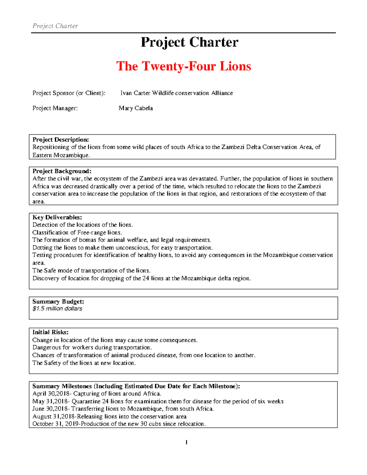 Assignment 1(Task 3) -Project Charter - 1 Project Description ...