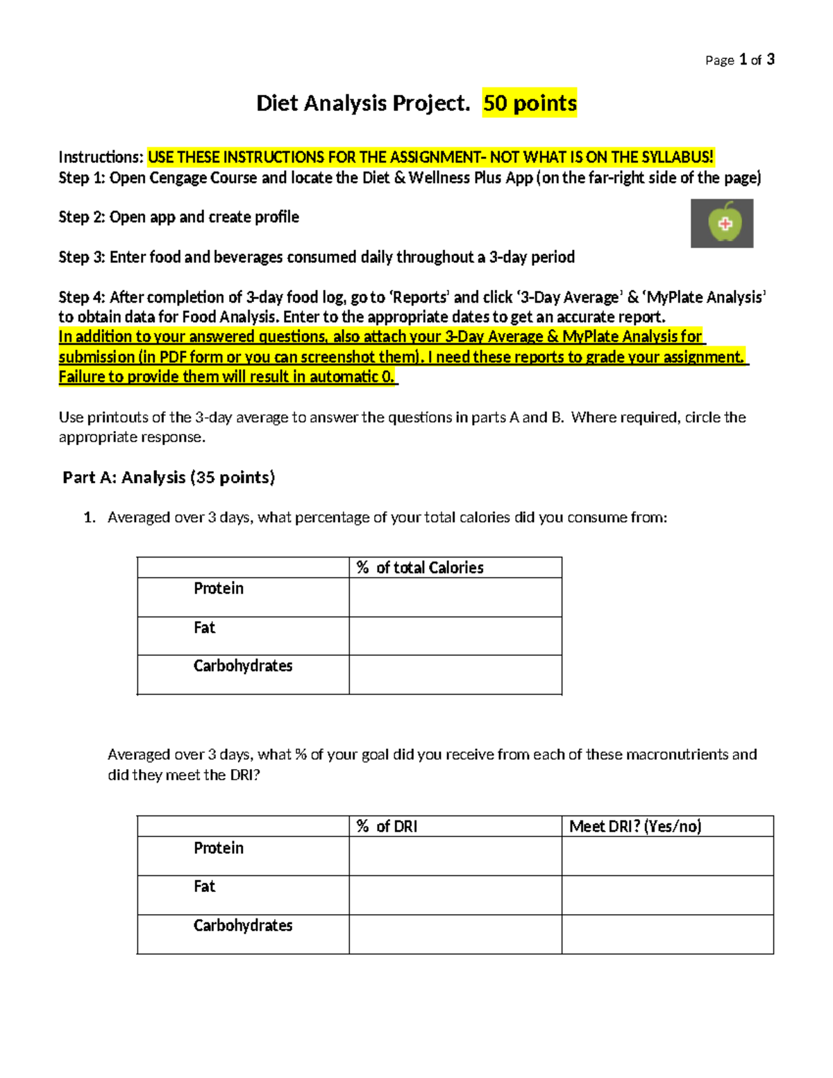 Diet Analysis Project - N/A - Page 1 of 3 Diet Analysis Project. 50 ...