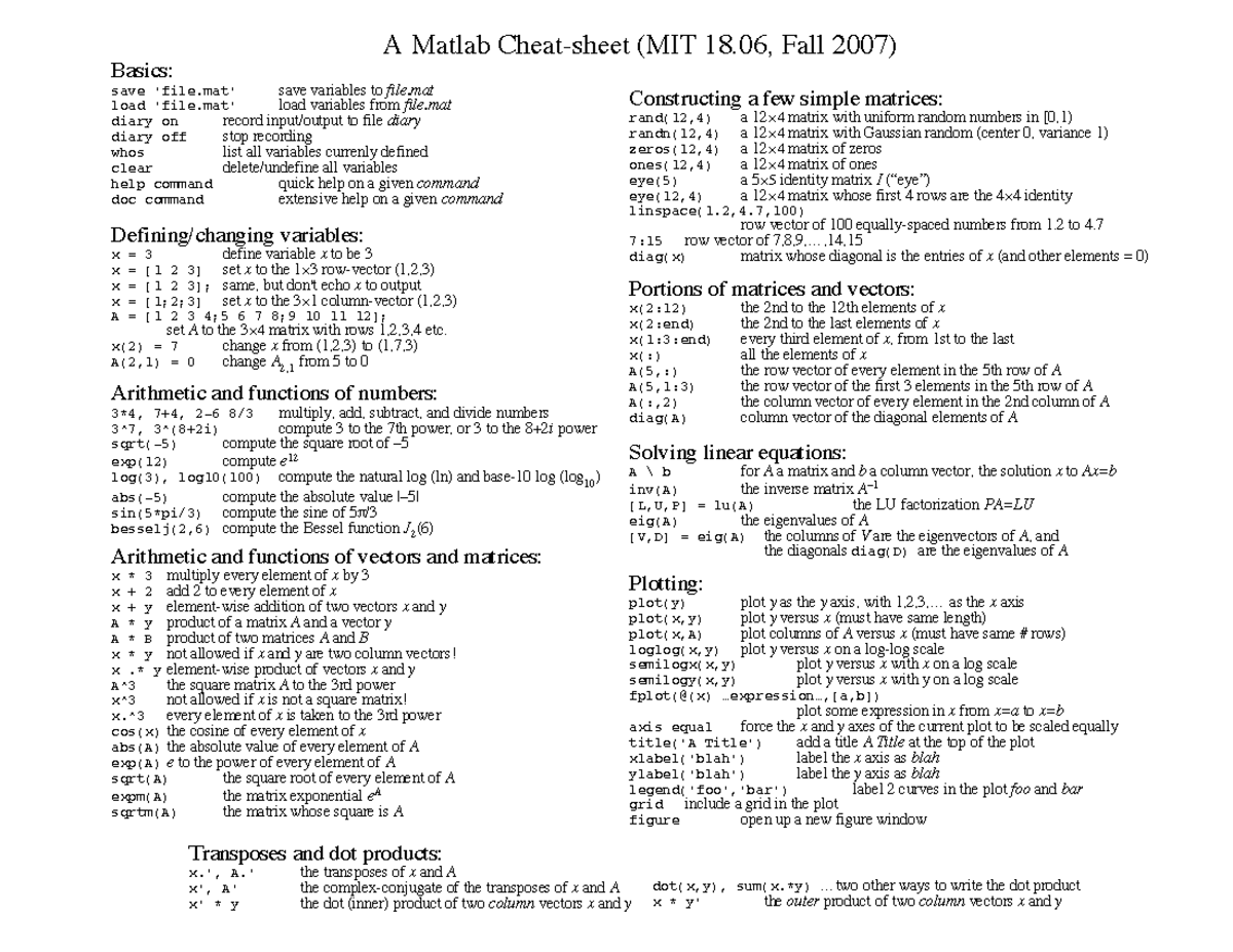 Matlab-cheatsheet - Summary Engineering Computing - A Matlab (MIT 18, Fall 2007) Basics: save ...
