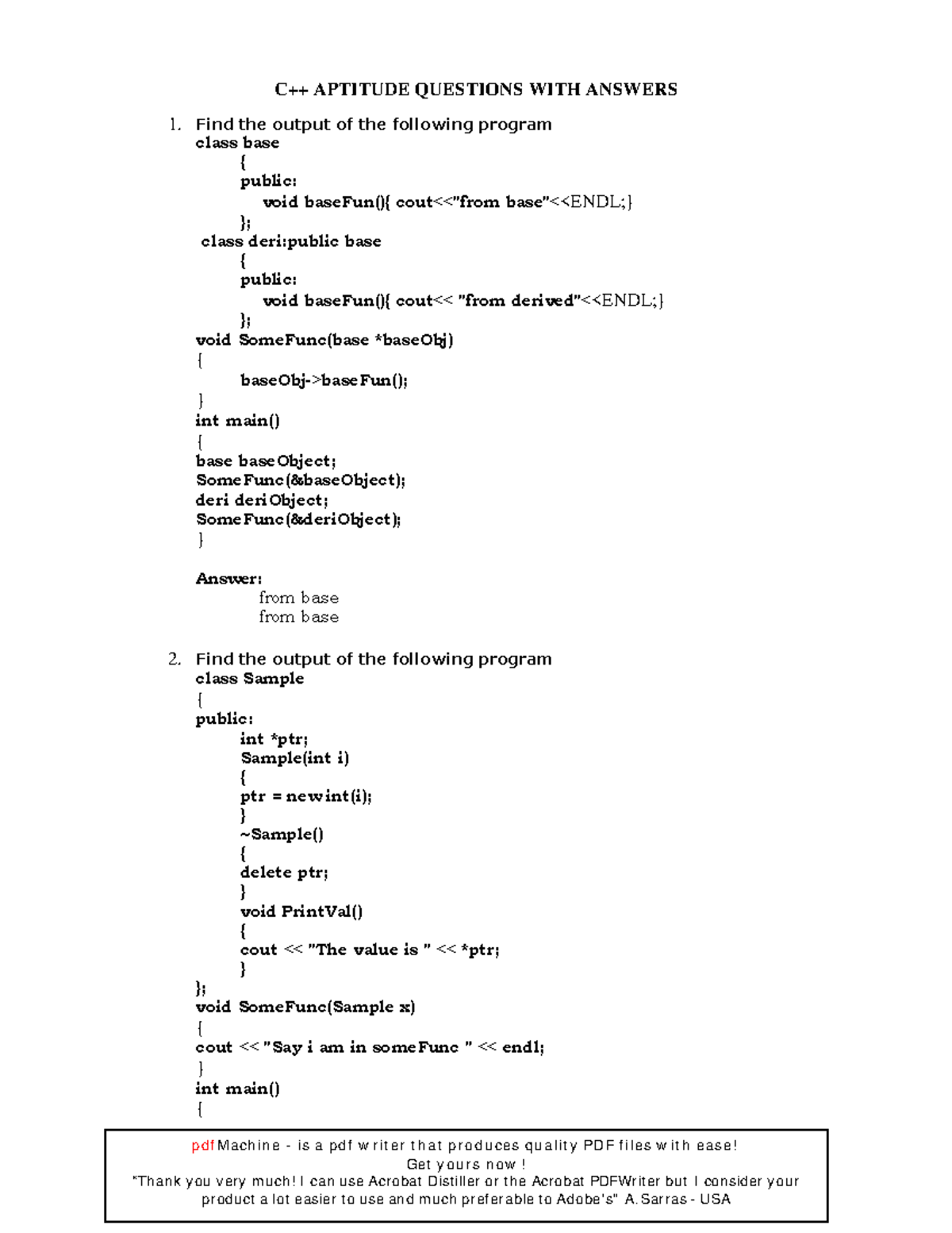 C aptitude question - 1 ñ HARSHITH 1. Find the output of the following program class base ...